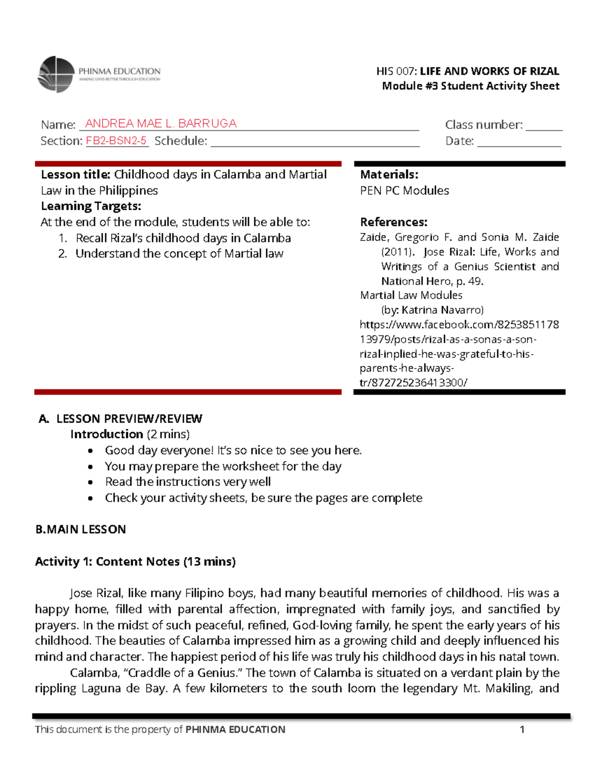 SAS 3 Life and Works of Rizal HIS 007 Life and Works of Rizal HIS 007 - Module # 3 Student ...