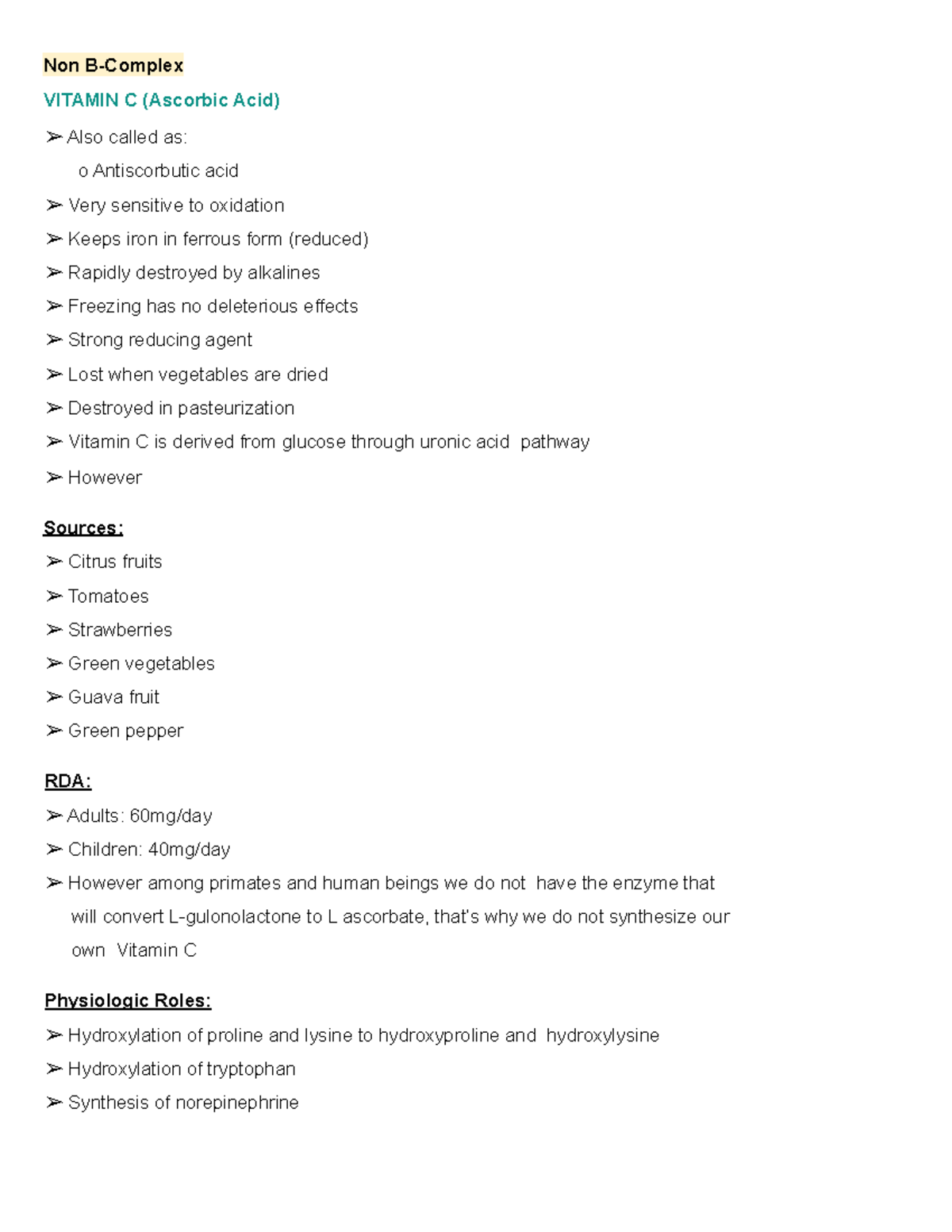 Non B-Complex - notes - Non B-Complex VITAMIN C (Ascorbic Acid) Also ...