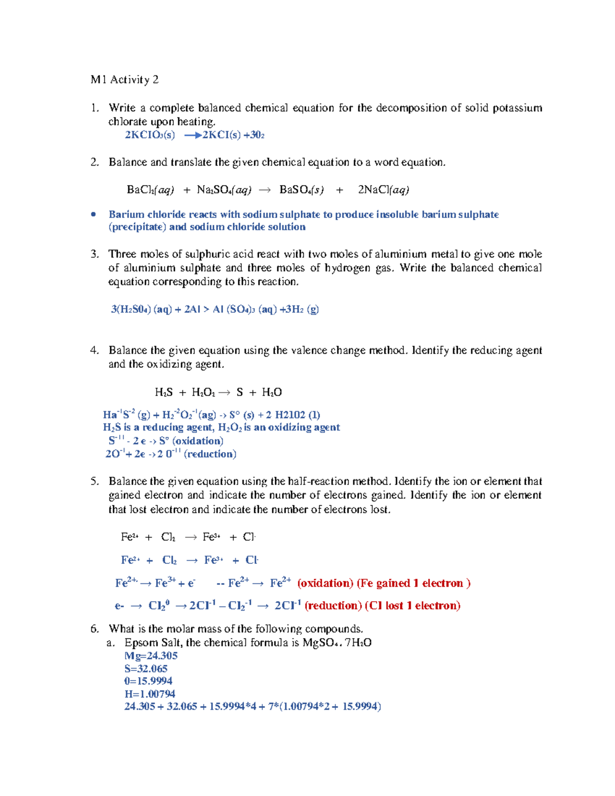 M1-Activity-2 - ana chem task - M1 Activity 2 Write a complete balanced ...