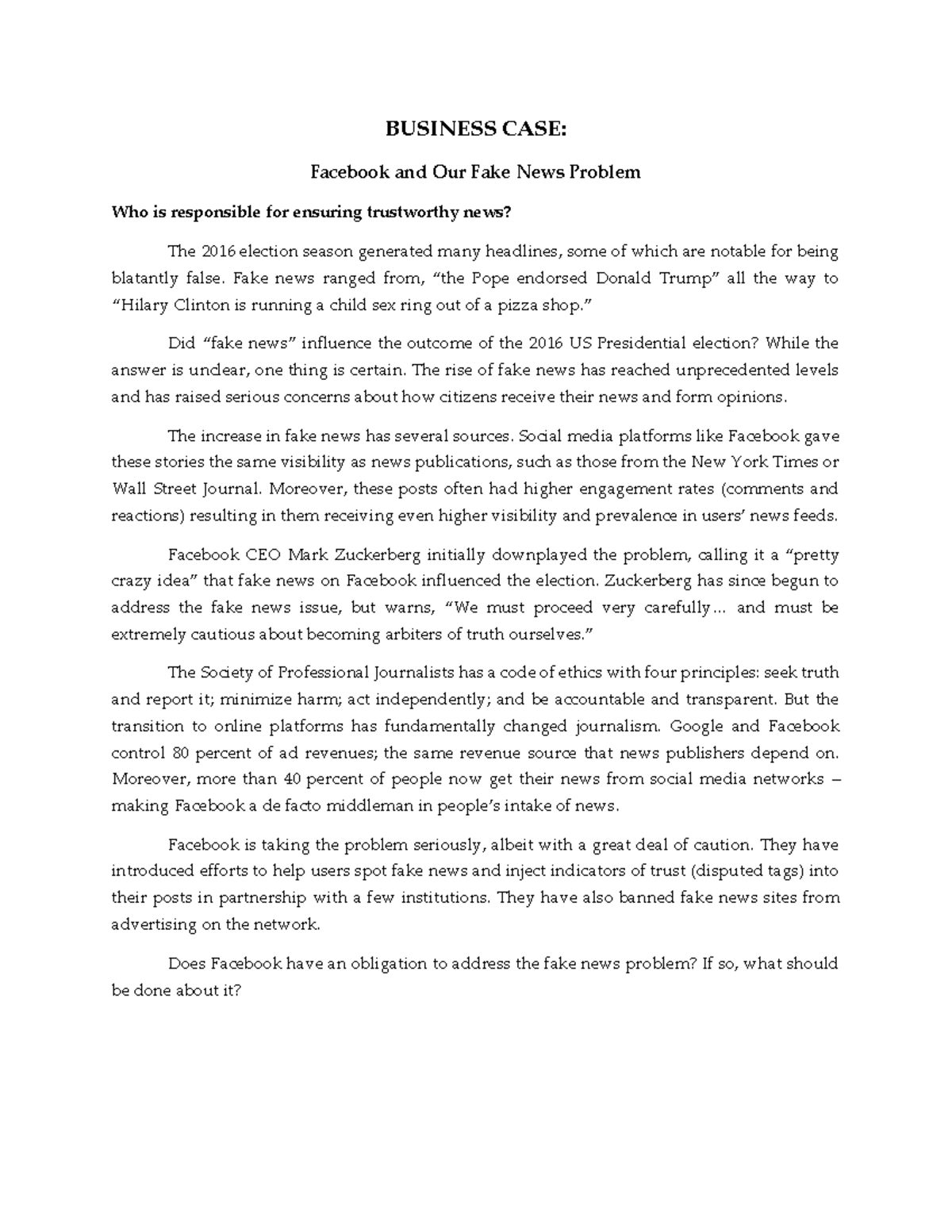 BUSINESS CASE Studies - BUSINESS CASE: Facebook and Our Fake News ...