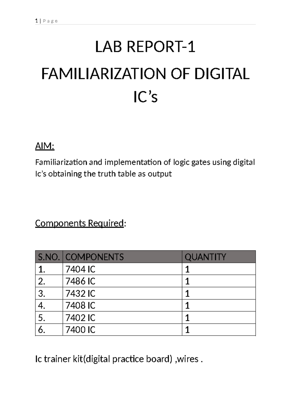 Lab report-1{digital electronics} - LAB REPORT- FAMILIARIZATION OF DIGITAL IC’s AIM ...