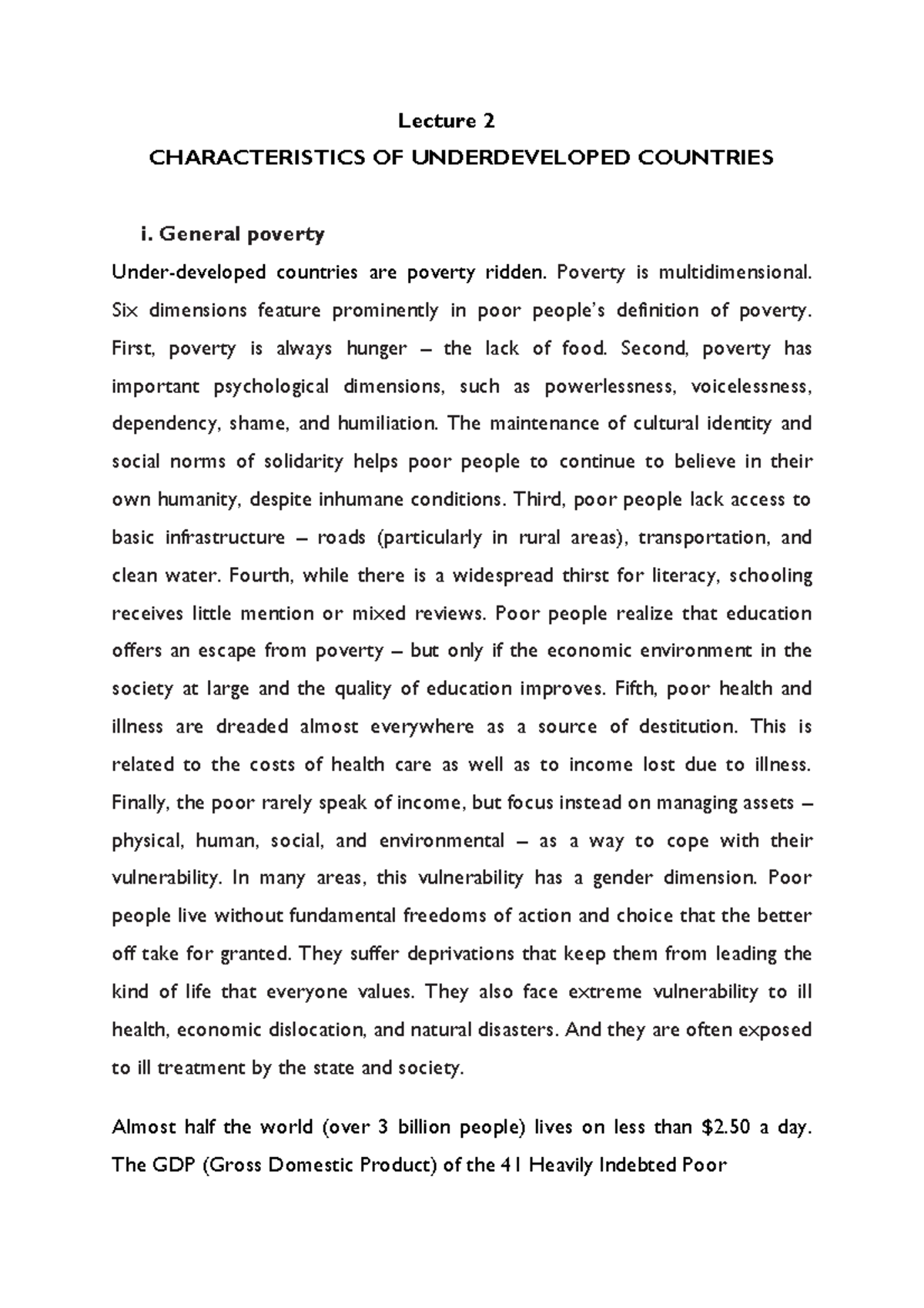 Characteristics of Underdevelopment - Lecture 2 CHARACTERISTICS OF ...