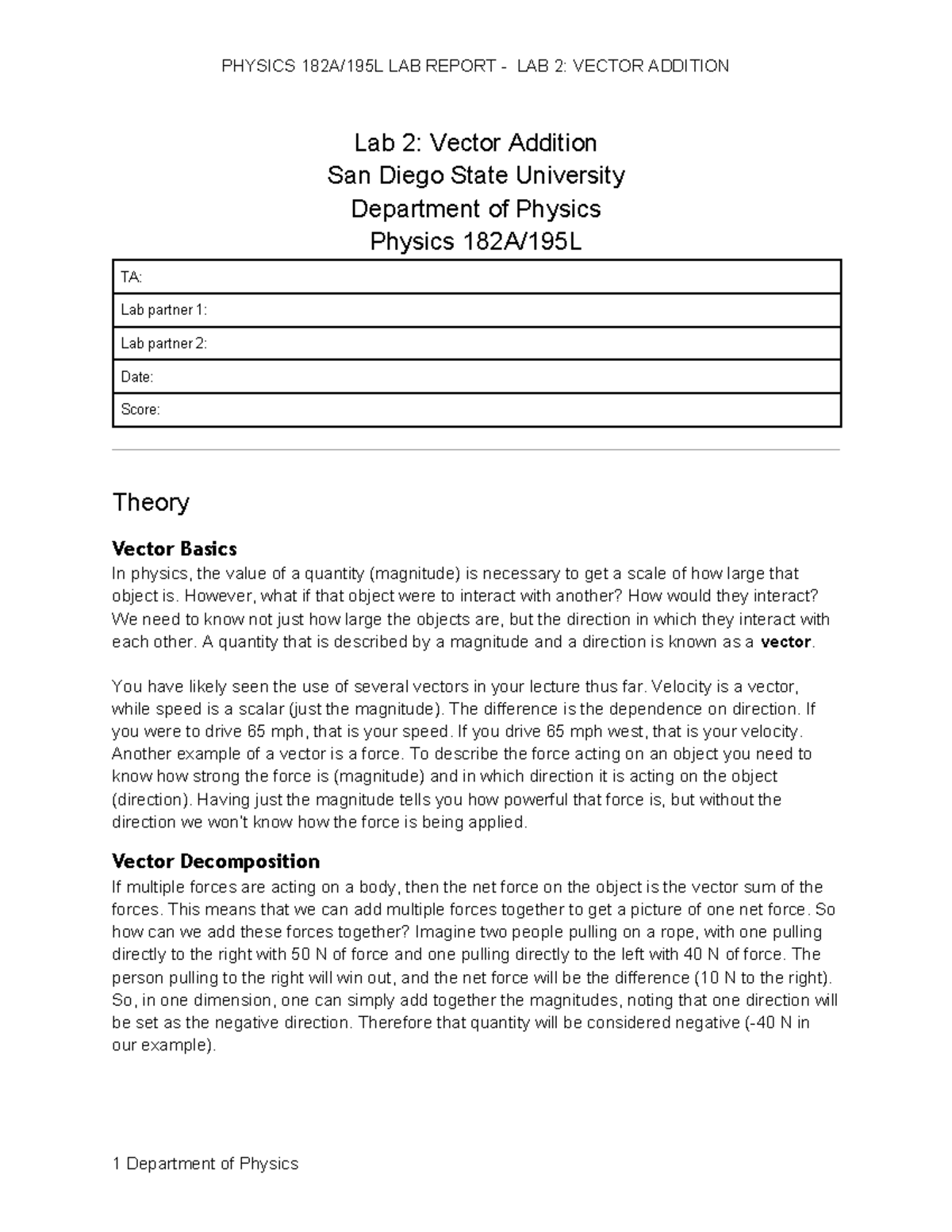 Lab 2 Vector Addition Tagged Physics 182a195l Lab Report Lab 2 Vector Addition Lab 2