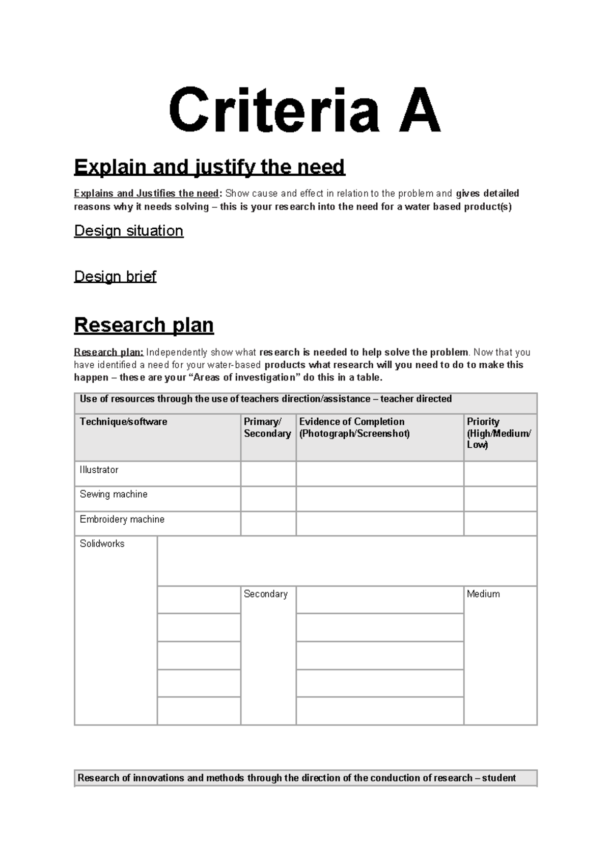 Tech - tech - Criteria A Explain and justify the need ####### Explains ...