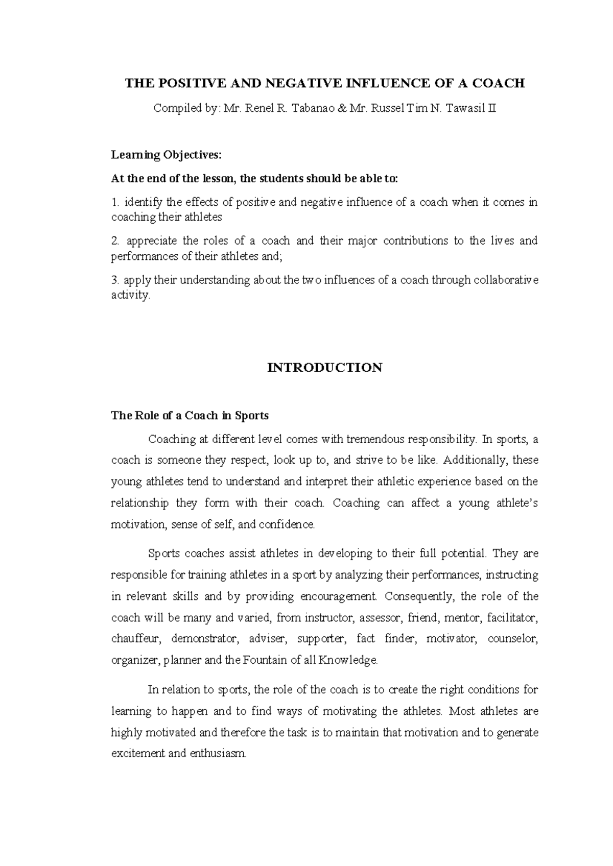 THE Positive AND Negative Influence OF A Coach - THE POSITIVE AND ...