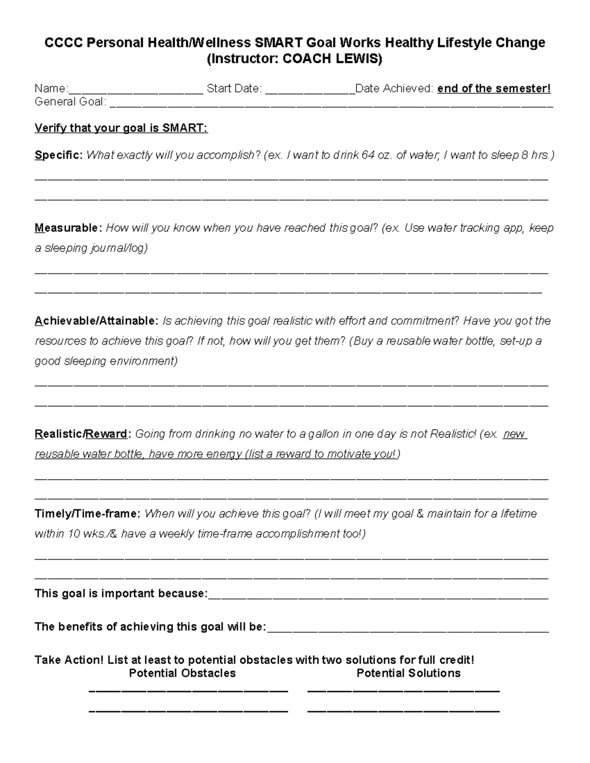 Smartgoalworksheet HEA 110 - CCCC Personal Health/Wellness SMART Goal ...