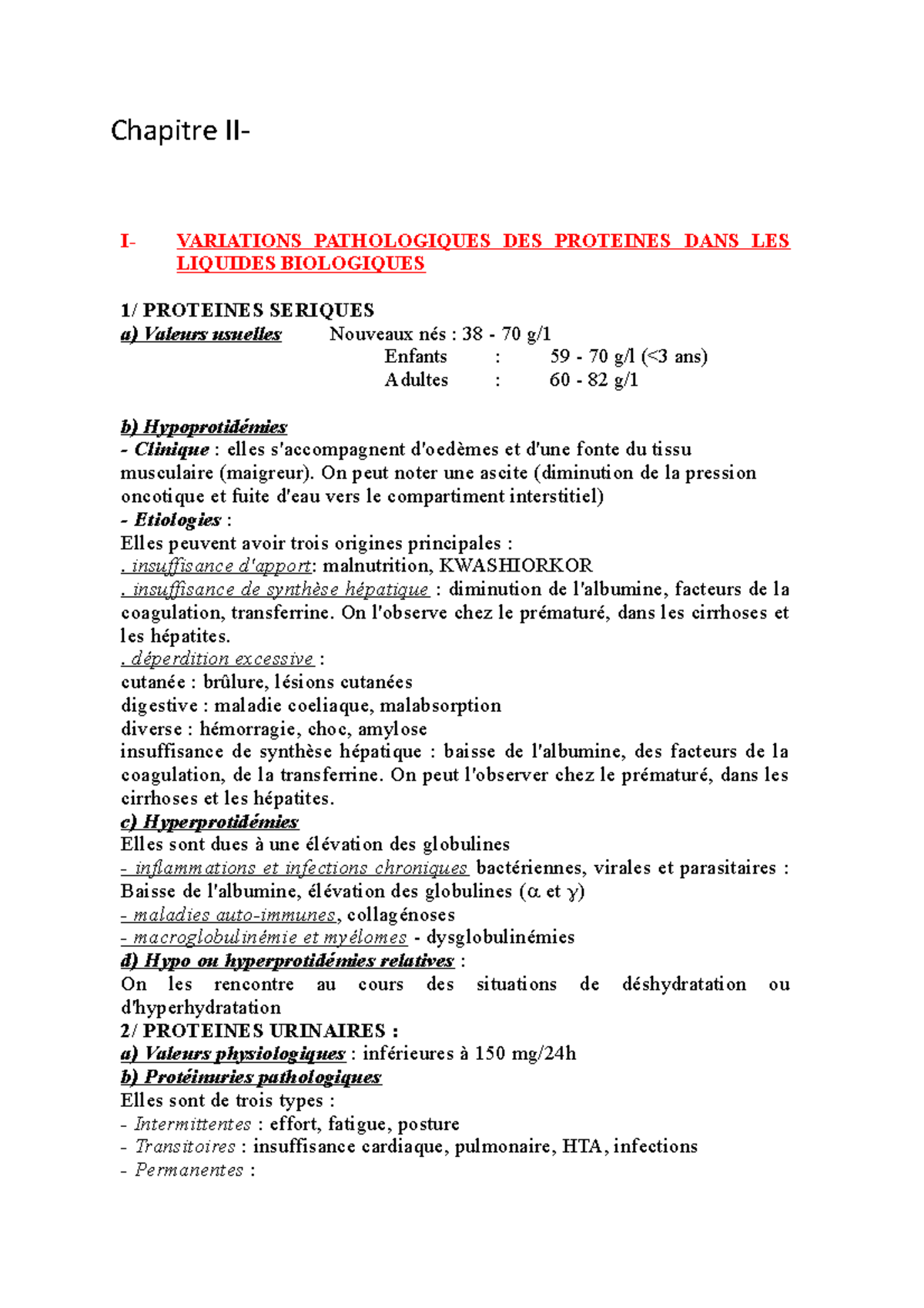 Chapitre II Physiologie des protéines - Chapitre II- I- VARIATIONS ...