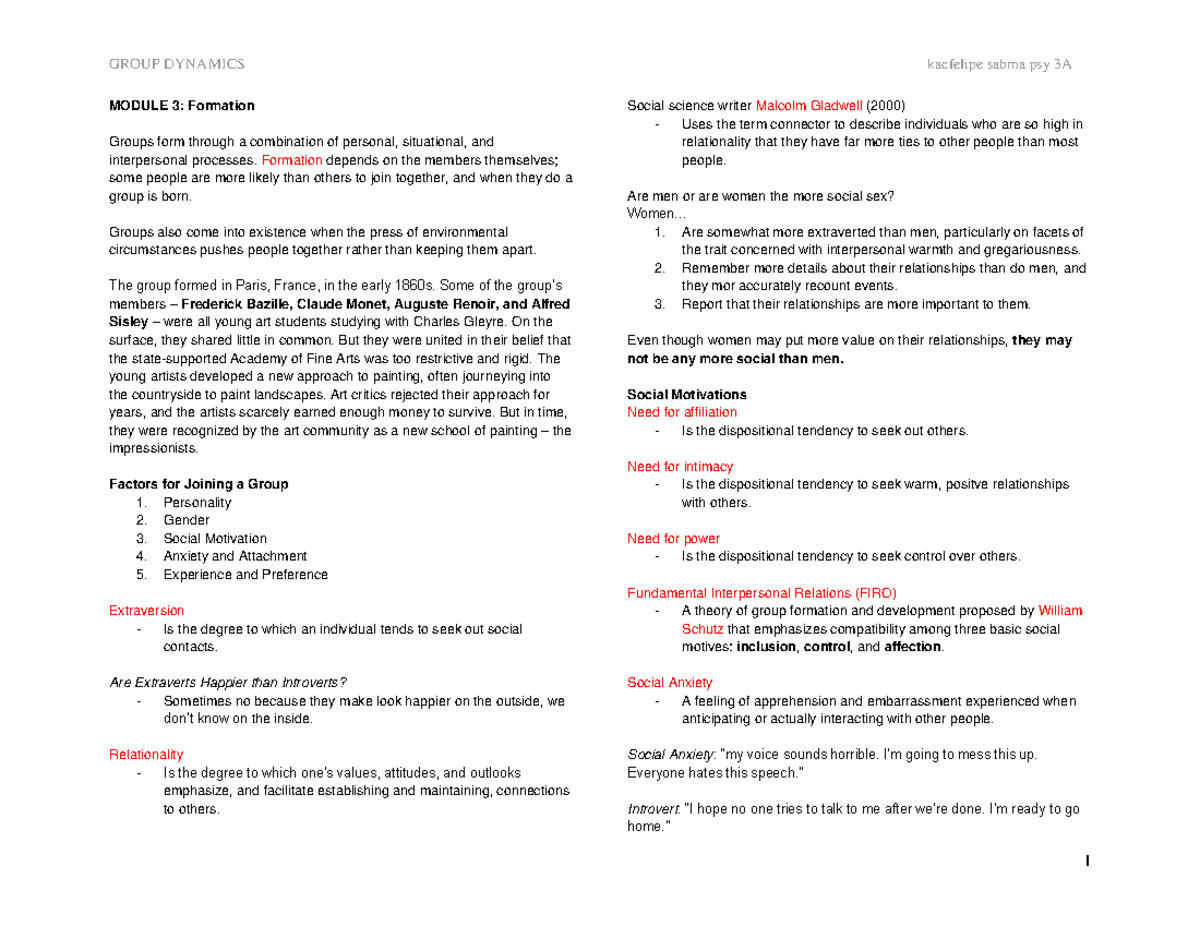 Group Dynamics mod 3 - GROUP DYNAMICS kacfelipe sabma psy 3A 1 MODULE 3 ...