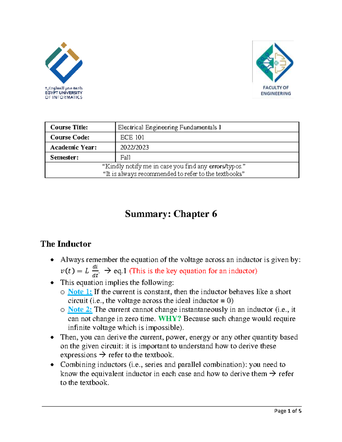 Summary for chapters 6 and 7 - Summary: Chapter 6 The Inductor Always ...