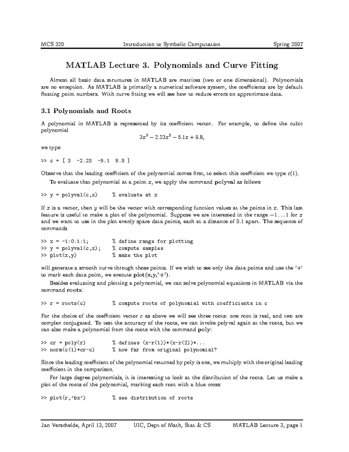 Matlec 3 - Tzztztz - MCS 320 Introduction to Symbolic Computation Spring 2007 MATLAB Lecture 3 ...