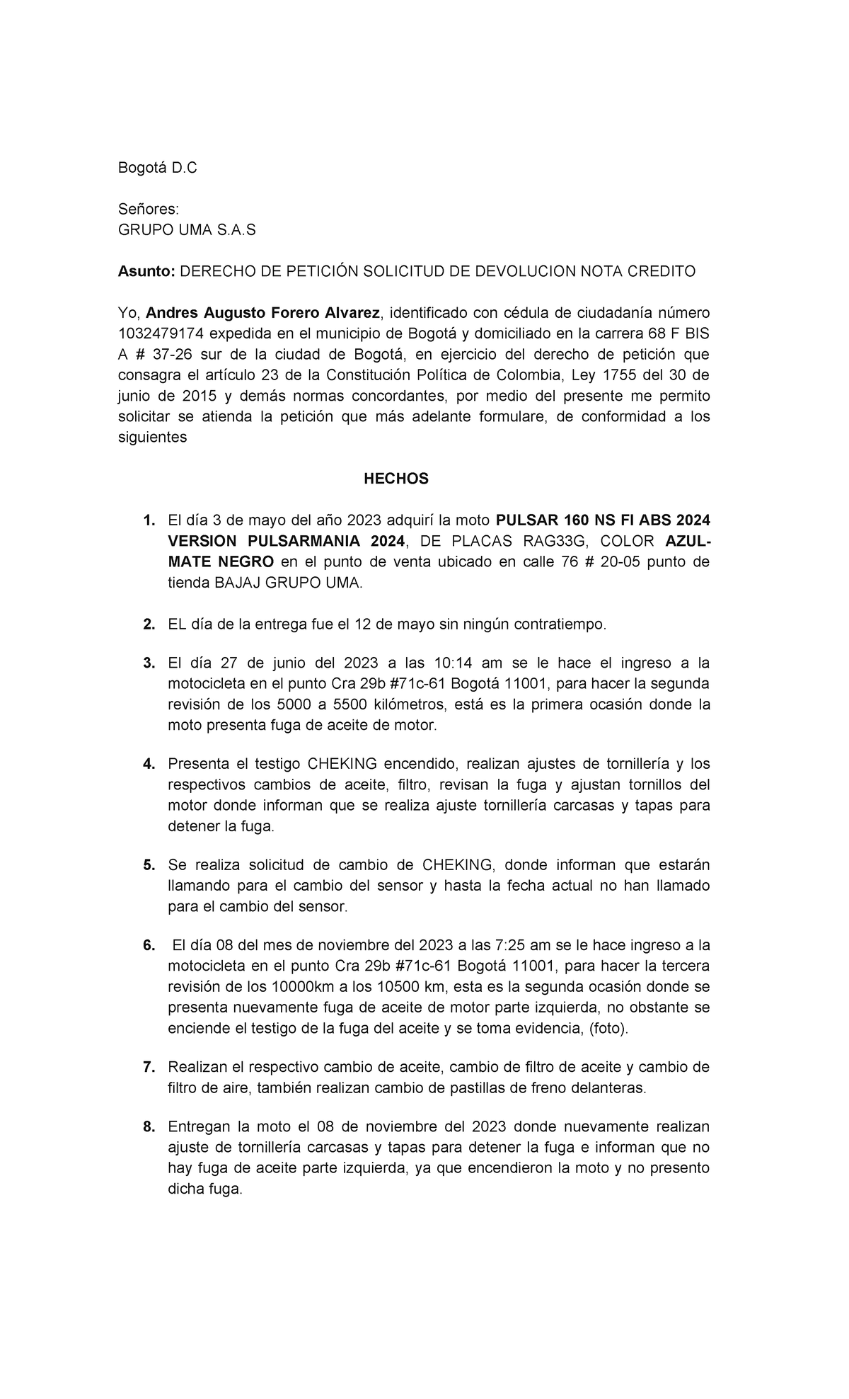 1349 modelo-derecho-de-peticion - Bogotá D Señores: GRUPO UMA S.A ...