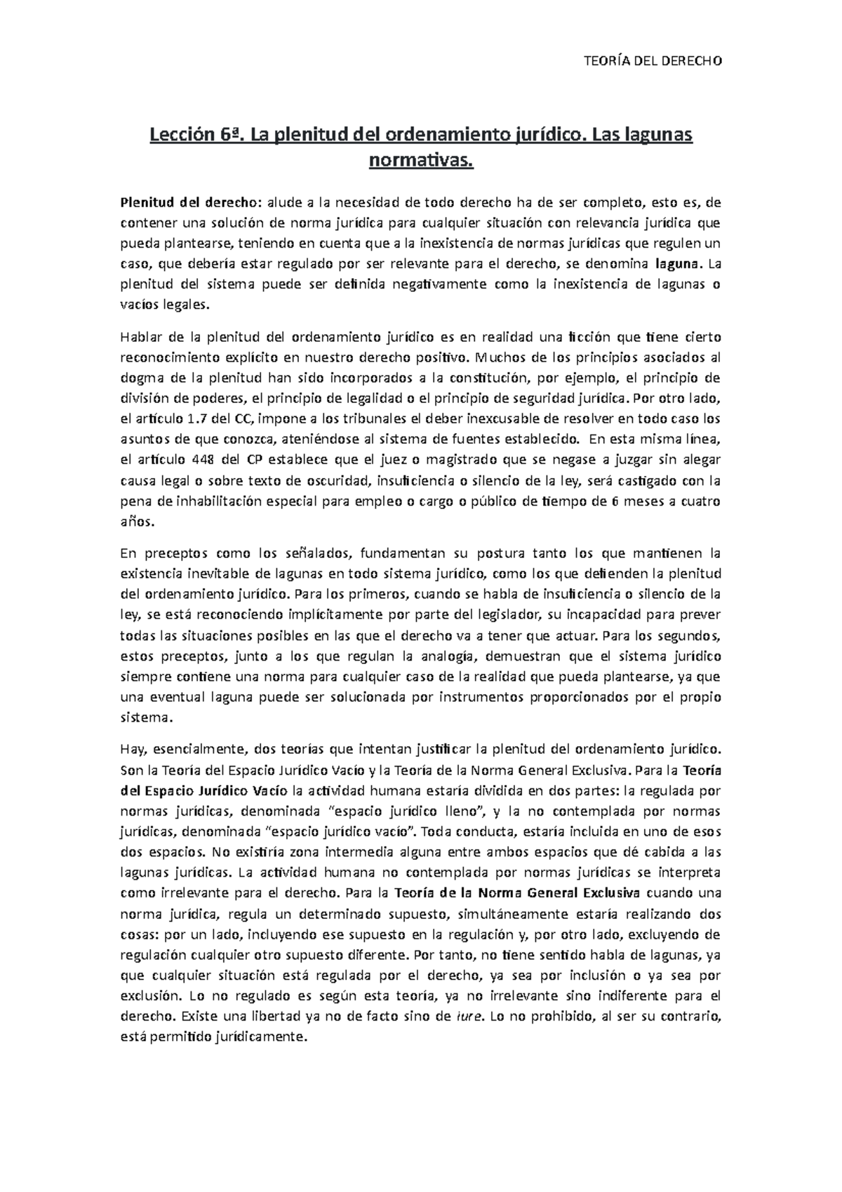 TEMA 6 - Apuntes 6.La plenitud del ordenamiento jurídico. Las lagunas ...