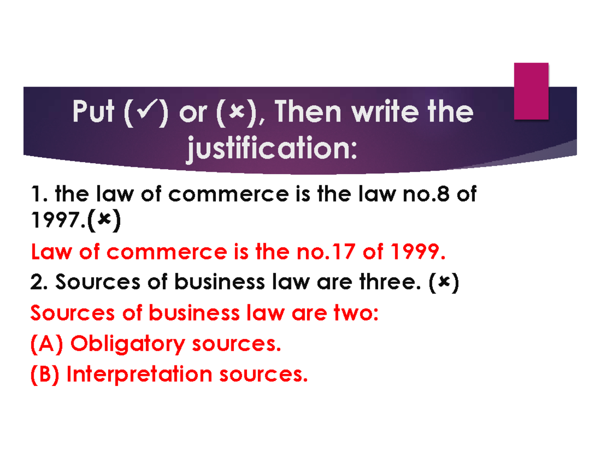 Questions on business law - Put ( ) or ( ), Then write the ...