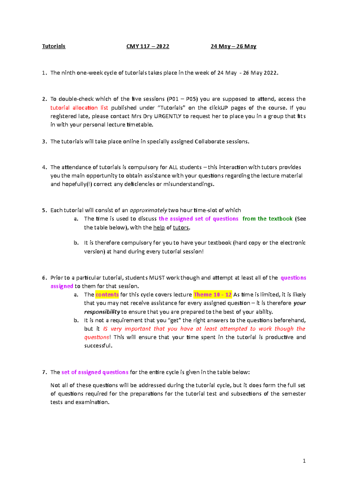 20220512 Instructions for Tutorials Cycle ten - Tutorials CMY 117 ...