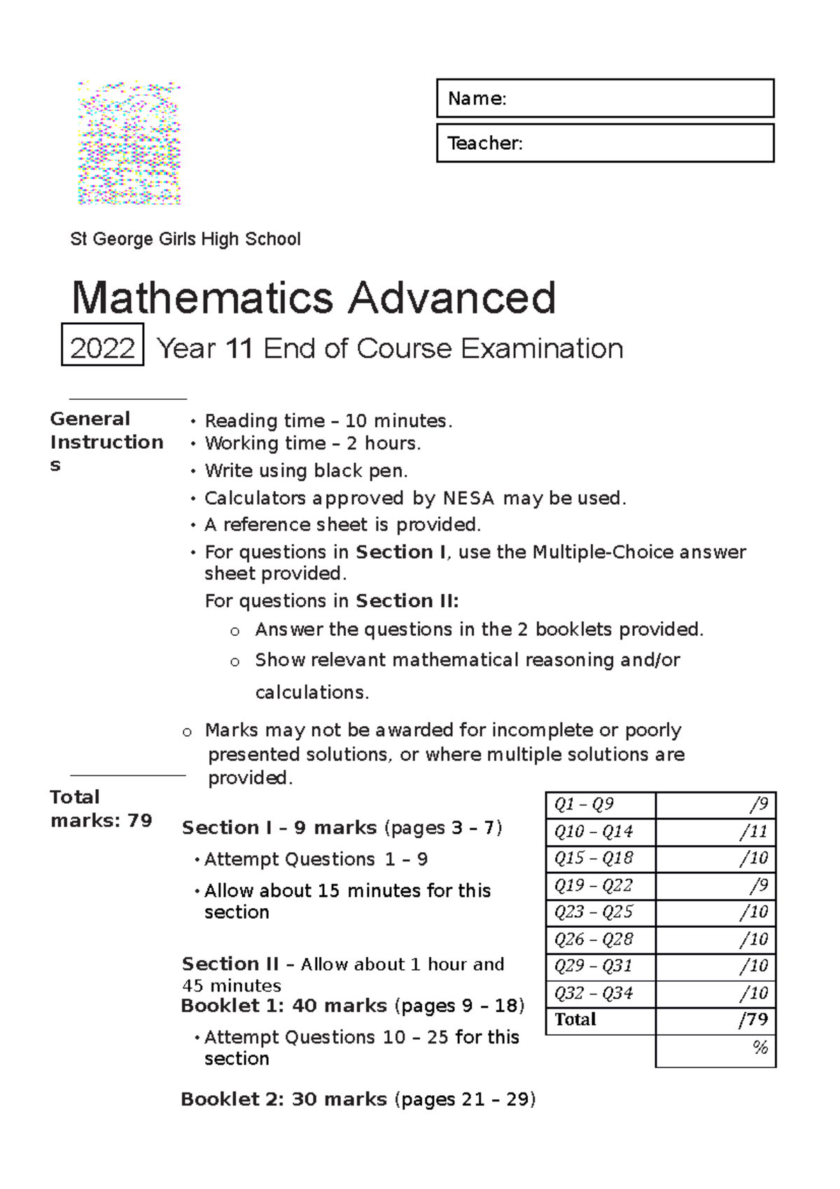 Year 11 2022 Advanced End of Course Exam - St George Girls High School ...