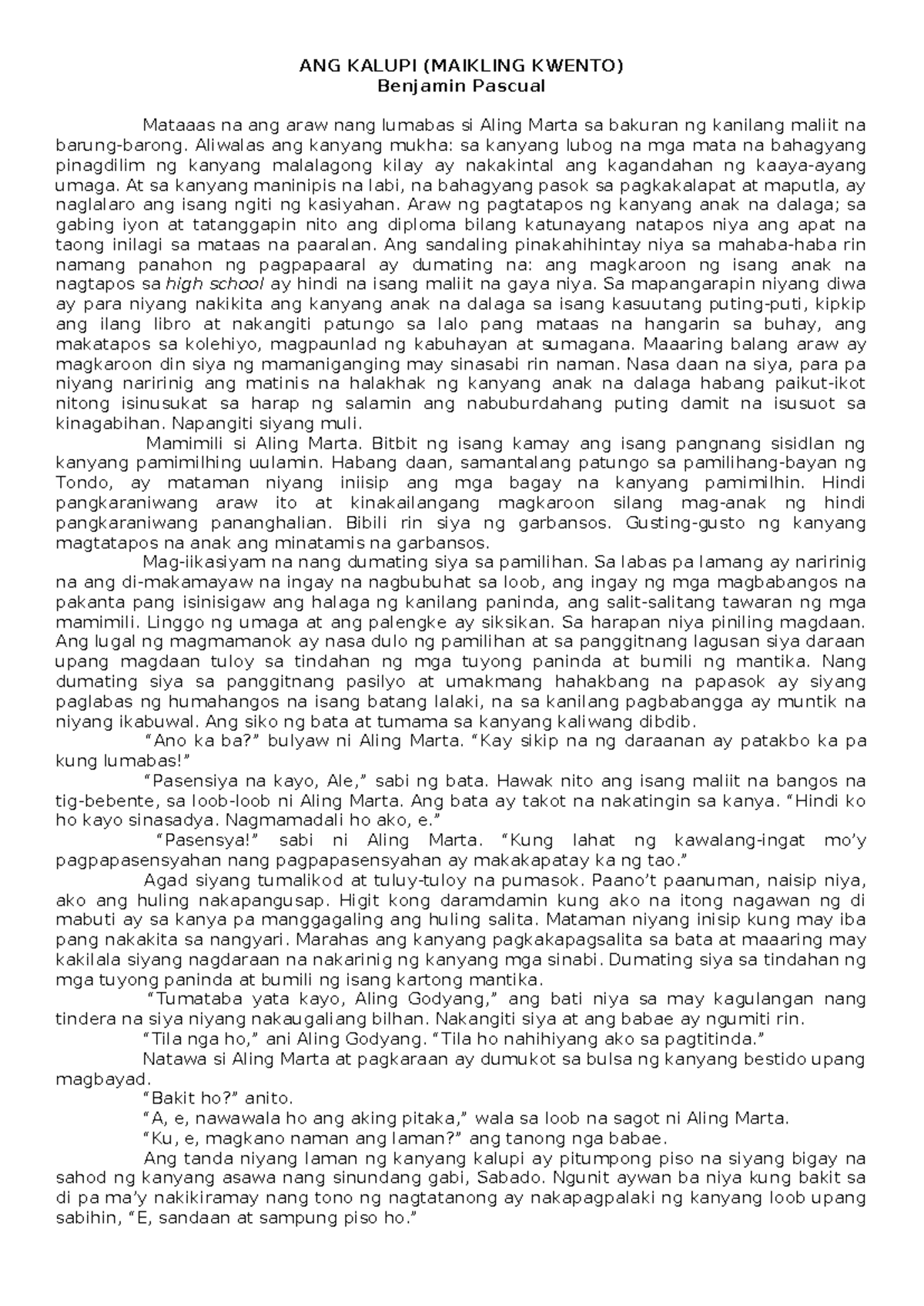 ANG Kalupi - ANG KALUPI (MAIKLING KWENTO) Benjamin Pascual Mataaas na ...