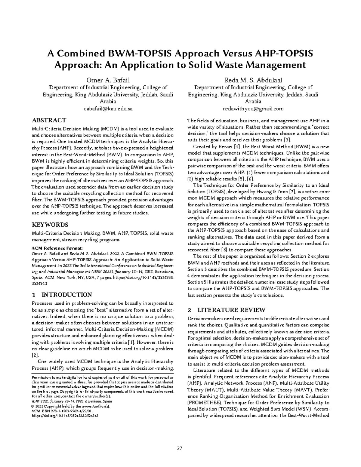A Combined BWM- Topsis Approach Versus AHP- Topsis Approach An Application to Solid Waste ...