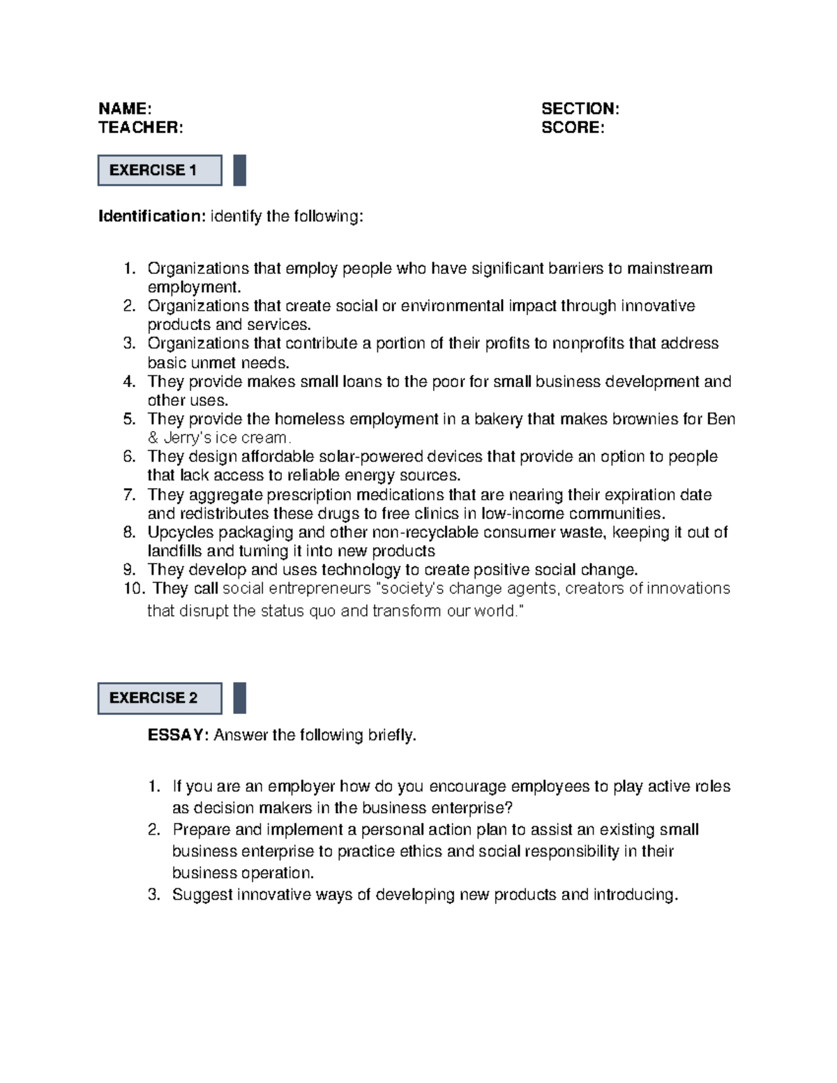 Lesson 12 Exercises - To test the students what have learned so far ...