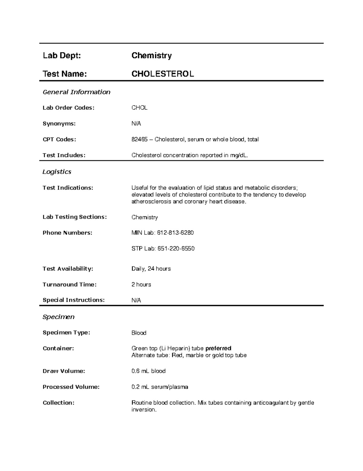 Cholesterol - Lecture notes 1 - Lab Dept: Chemistry Test Name ...