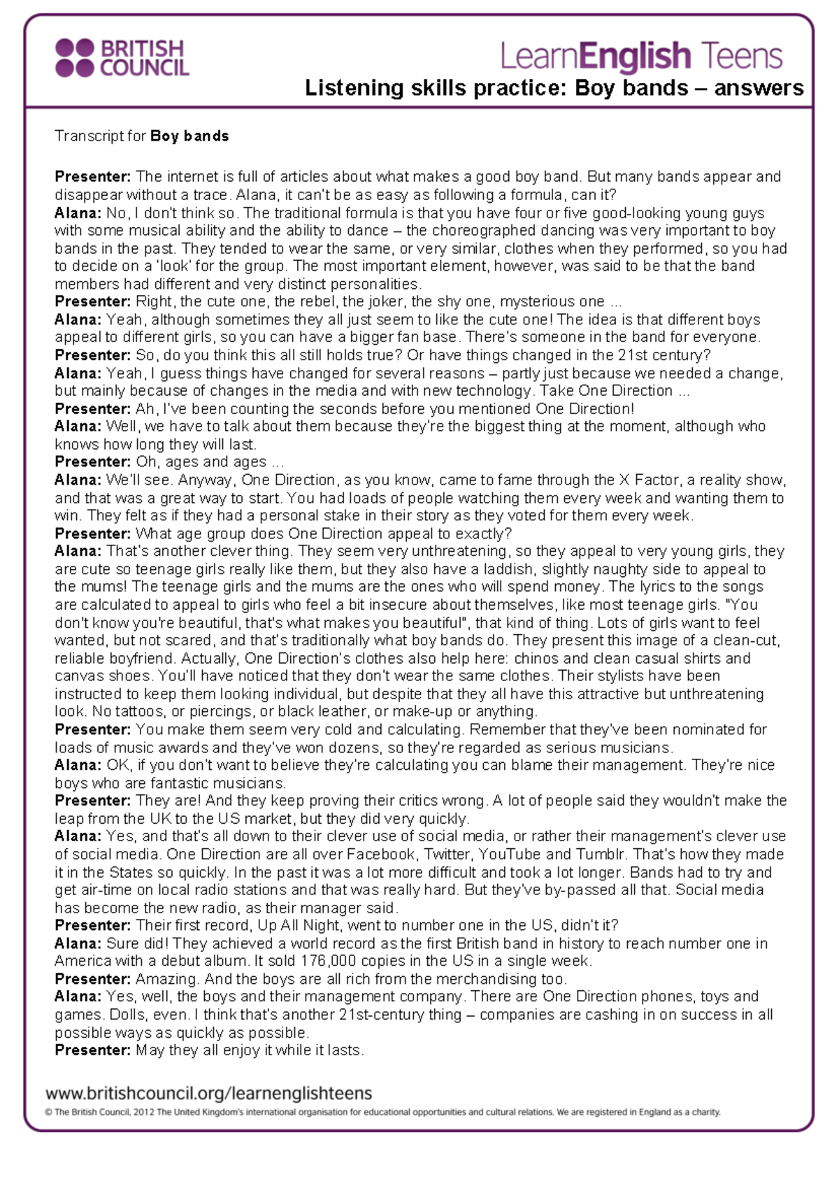 Boy bands - transcript 0 - Transcript for Boy bands Presenter: The ...