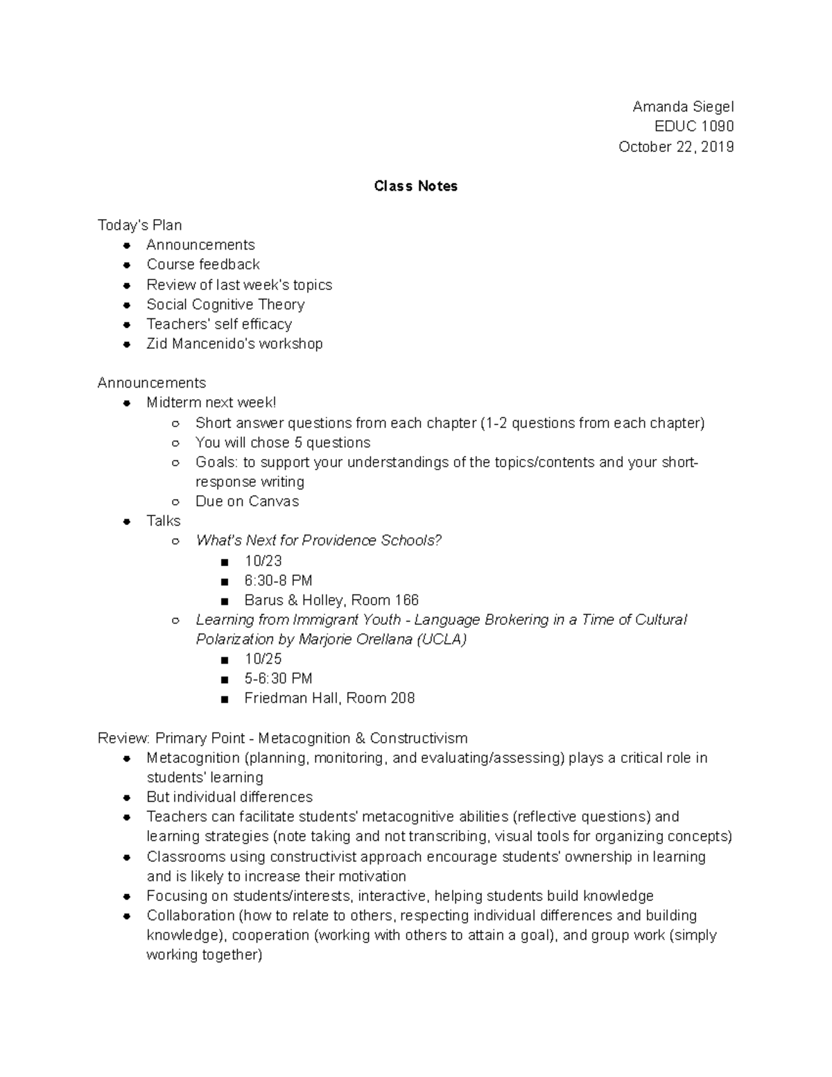 10/22 Class Notes - Professor Yoko Yamamoto - Amanda Siegel EDUC 1090 ...