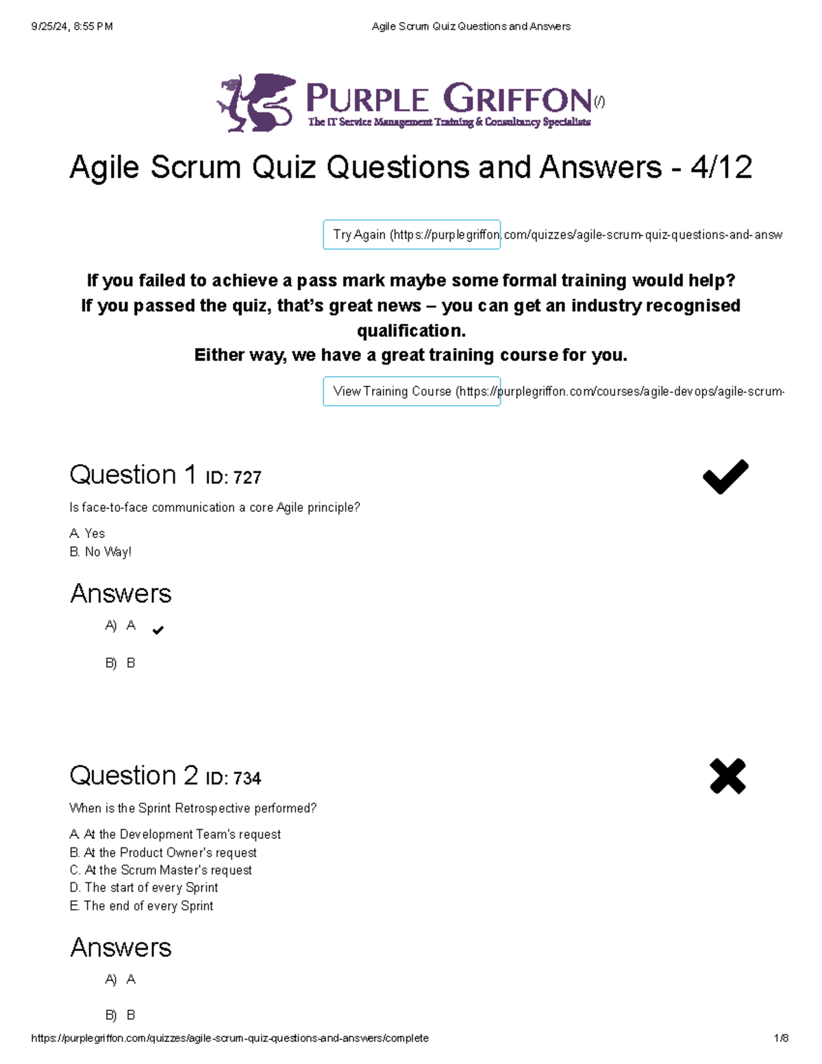 Agile Scrum Quiz Questions and Answers - Yes B. No Way! Answers A B A ...