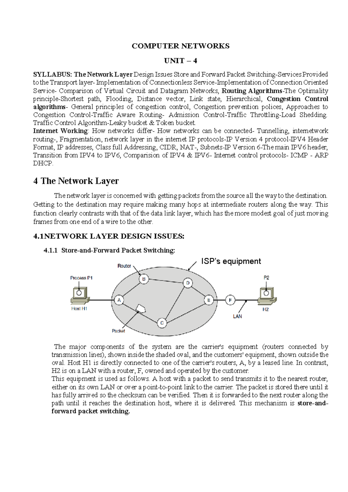 Cn R20 Unit 4 Network Layer Computer Networks Unit 4 Syllabus The Network Layer Design