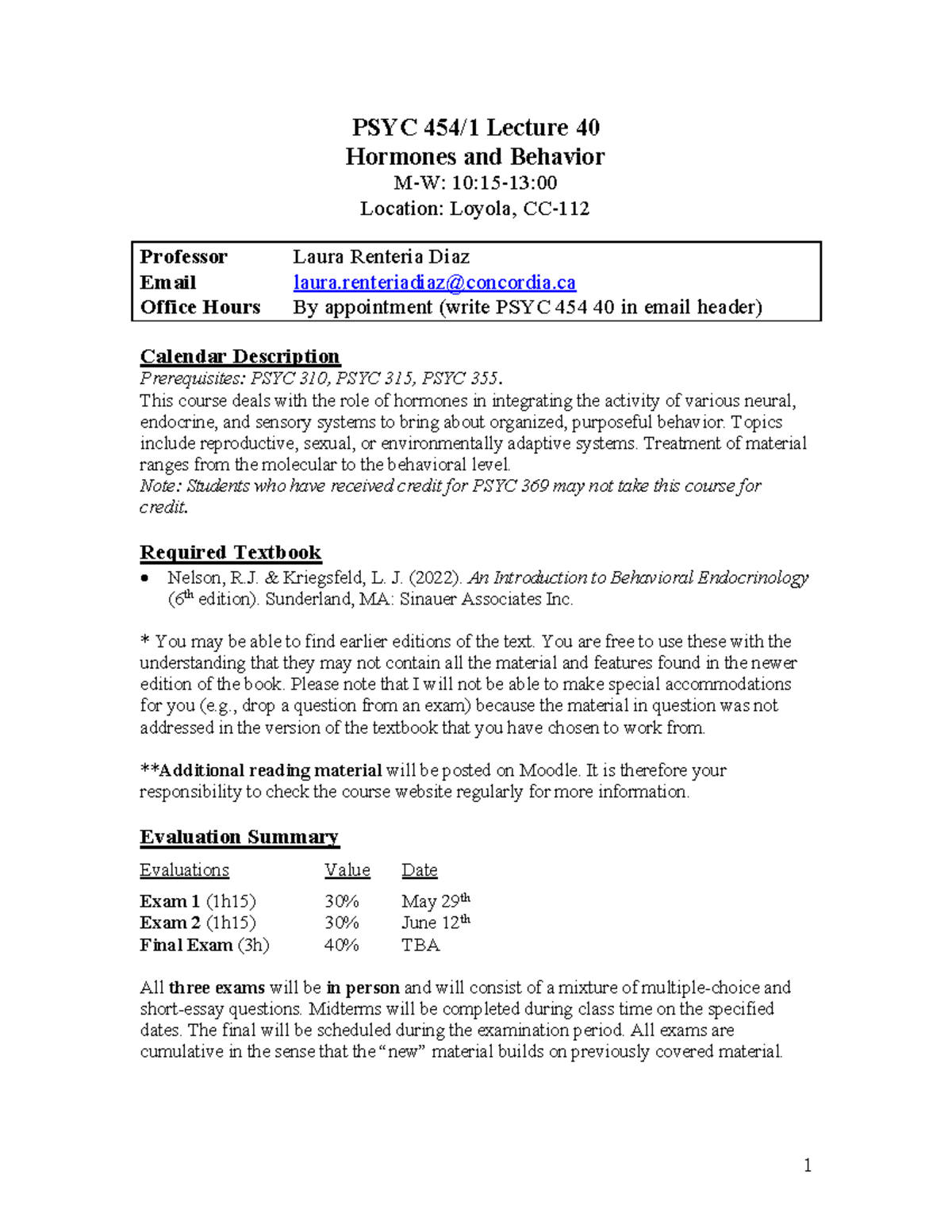 Syllabus - lecture notes - PSYC 454/1 Lecture 40 Hormones and Behavior ...