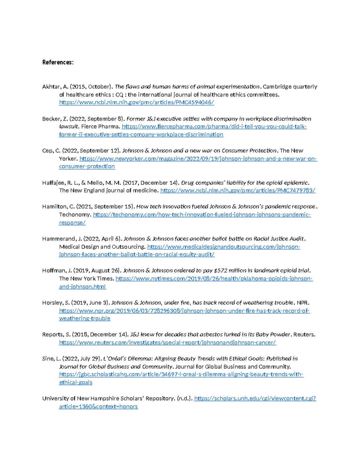 References Document for MGMT3000 Assignment - References: Akhtar, A ...