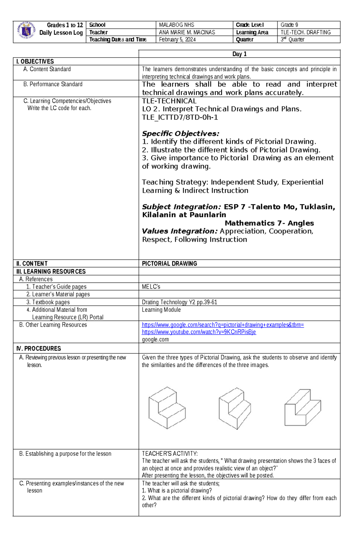DLL- Pictorial Drawing - Grades 1 to 12 Daily Lesson Log School MALABOG ...