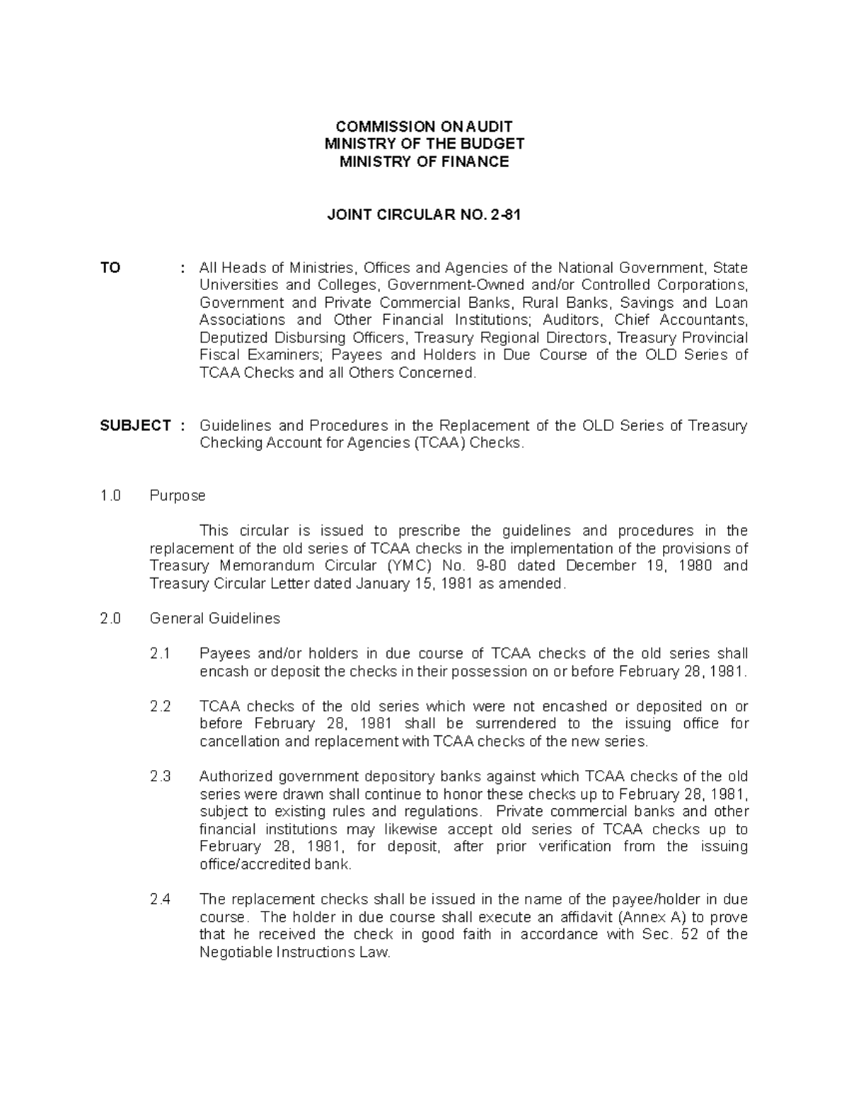 COA MOB MOF Joint Circular NO - COMMISSION ON AUDIT MINISTRY OF THE ...