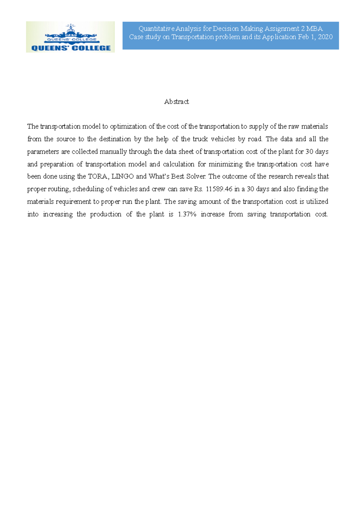 Quantitative assignment two - Case study on Transportation problem and ...