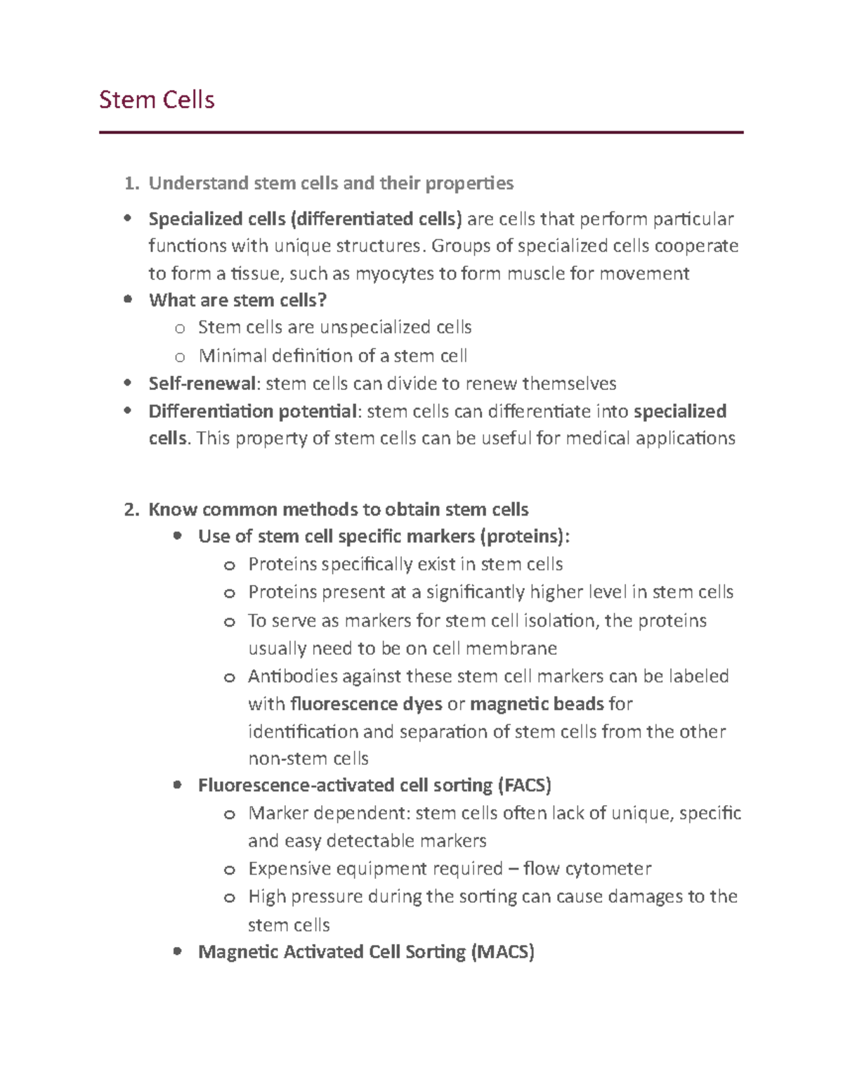 Stem Cells - lecture notes highlighting stem cell functions and ...