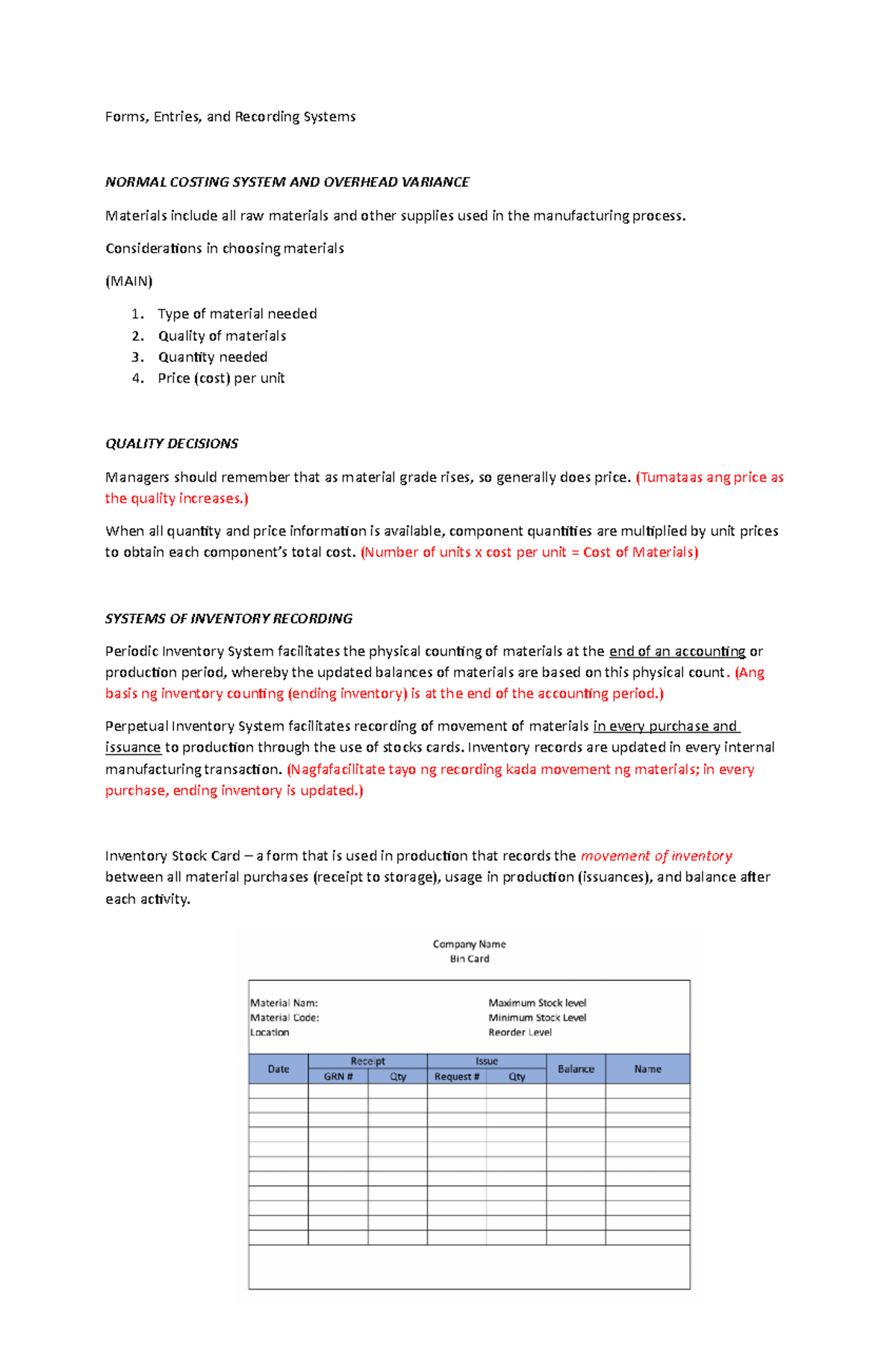 Accounting for Materials 1 - Forms, Entries, and Recording Systems ...