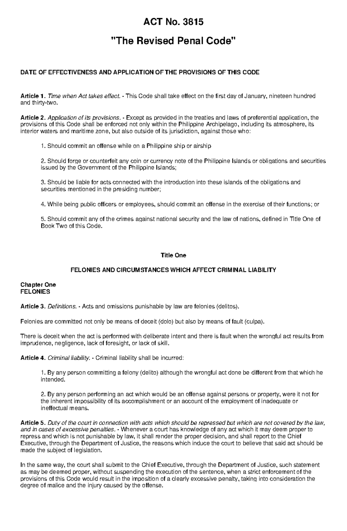 RPC BOOK 1 Codal - complete - ACT No. 3815 "The Revised Penal Code" DATE OF EFFECTIVENESS - Studocu