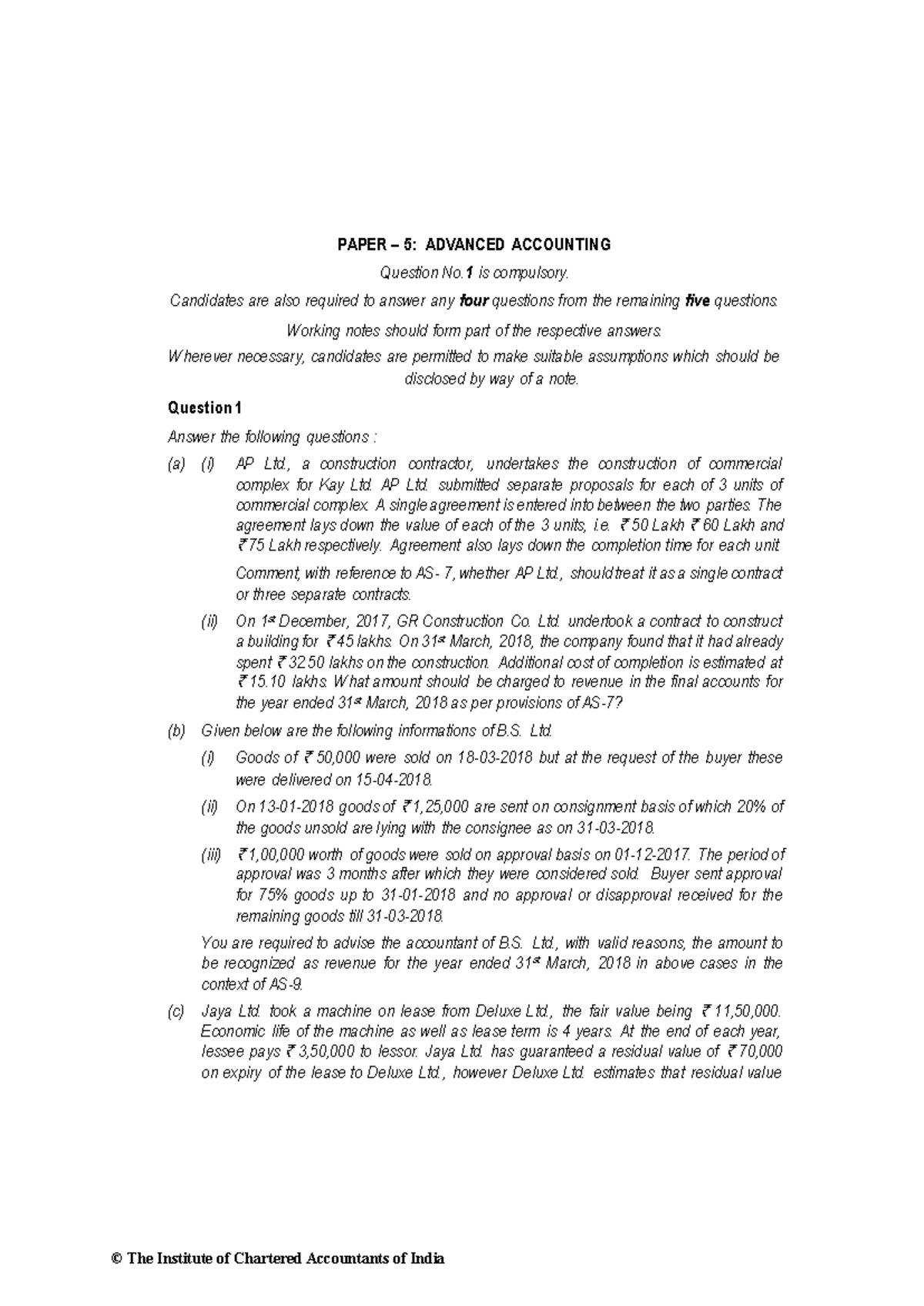 ICAI Suggested Answers MAY 19 - PAPER – 5: ADVANCED ACCOUNTING Question ...