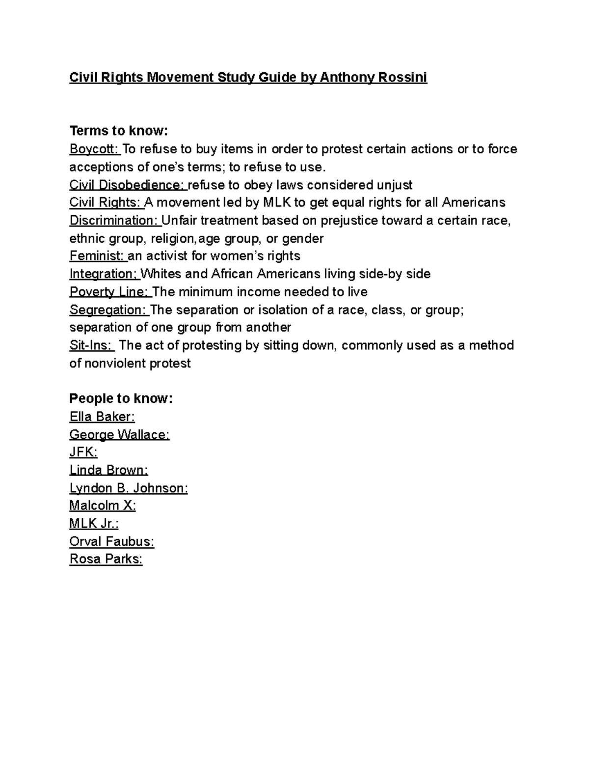 CRM study guide - Civil Rights Movement Study Guide by Anthony Rossini ...