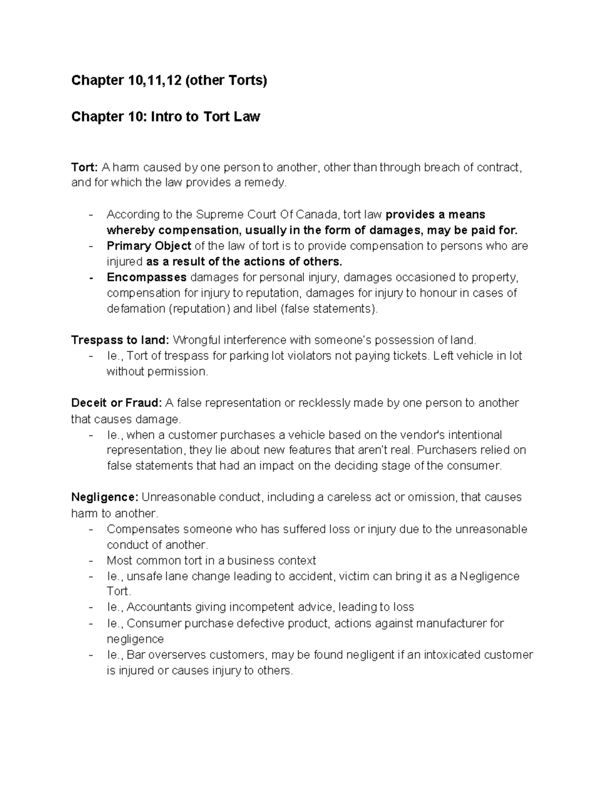 BLAW 301 Midterm 2 Textbook - Chapter 10,11,12 (other Torts) Chapter 10 ...