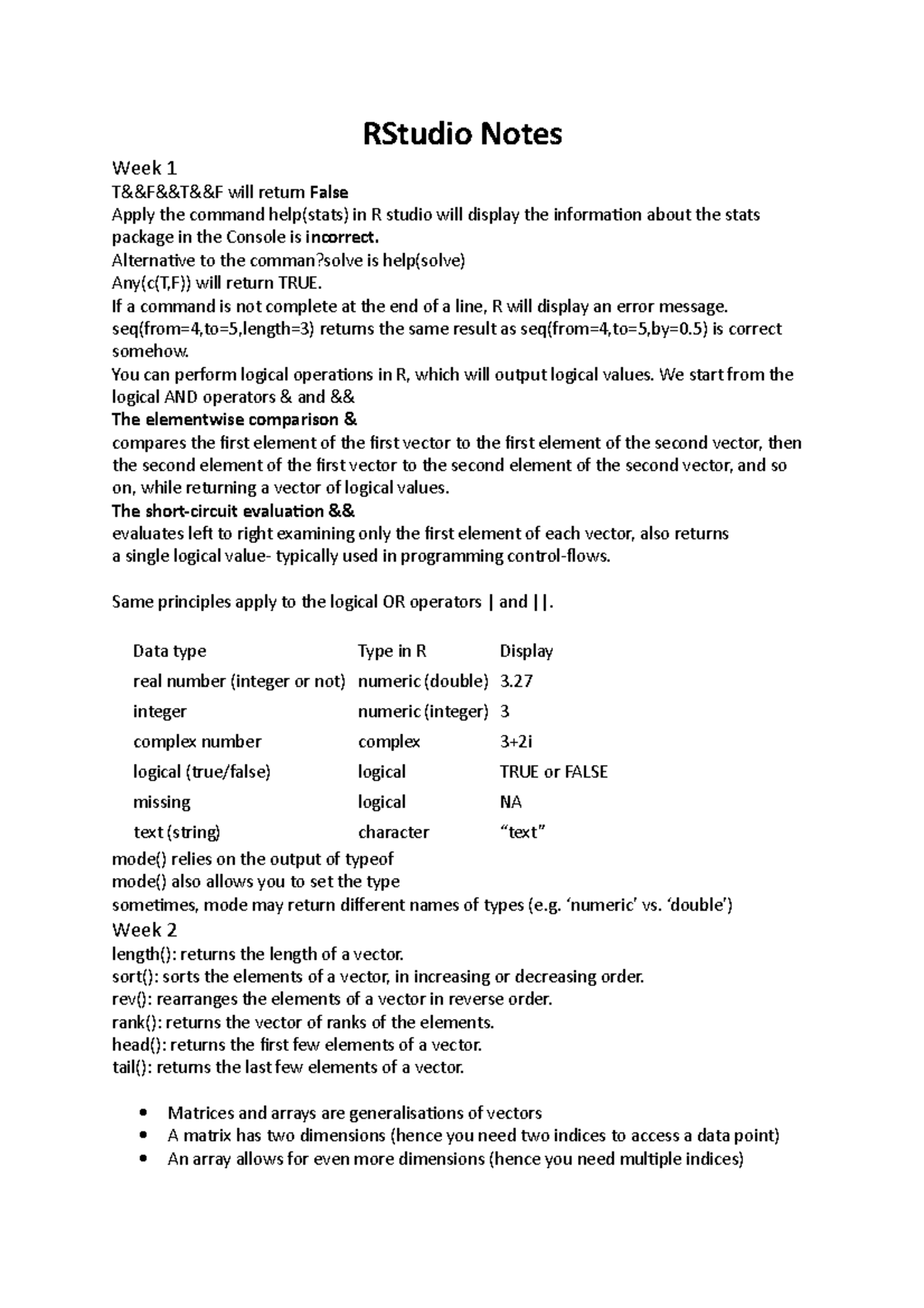 RStudio Notes - RStudio Notes Week 1 T&&F&&T&&F will return False Apply ...