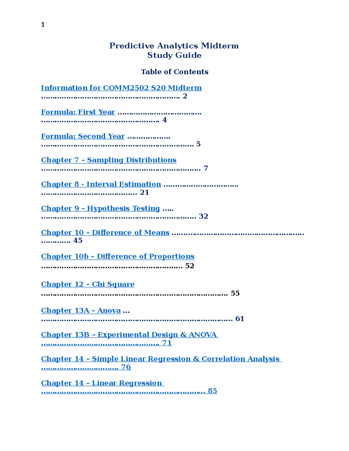 Midterm notes 2 - Predictive Analytics Midterm Study Guide Table of ...