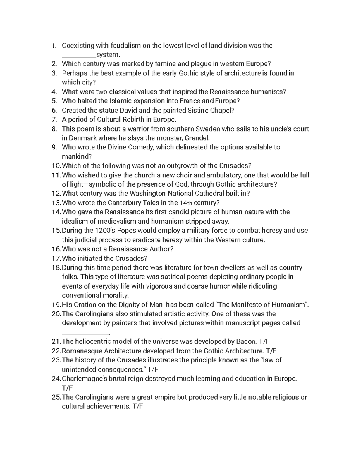 Quiz Medieval Period and Development into the Renaissance - Coexisting ...