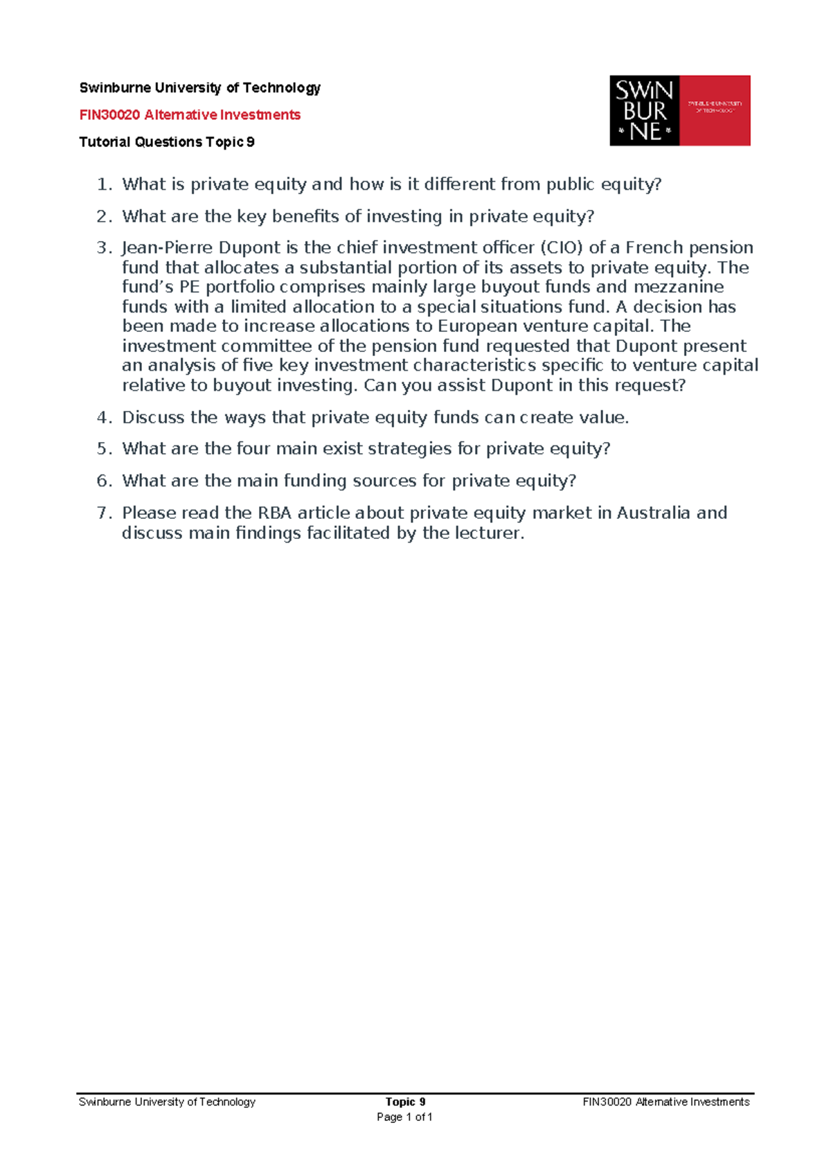 Week 9 Tutorial Questions-2 - Swinburne University of Technology Topic ...
