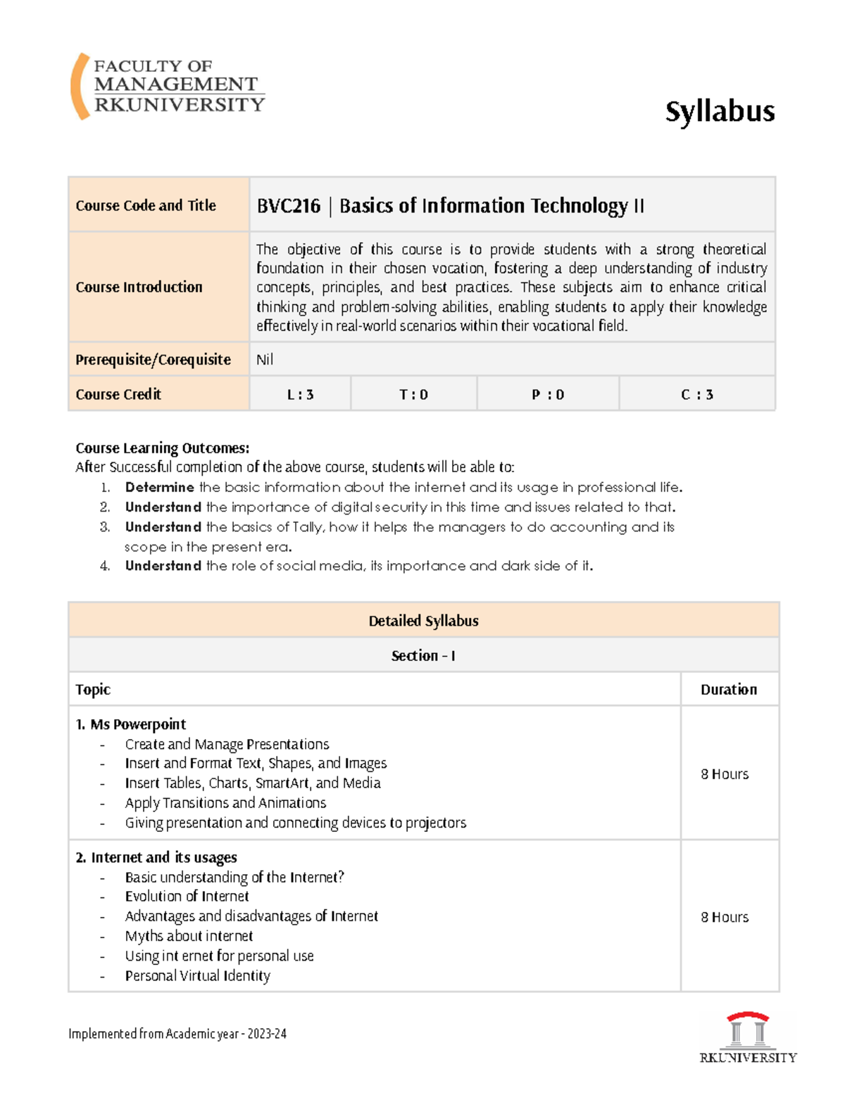 Basics of Information Technology II - These subjects aim to enhance ...
