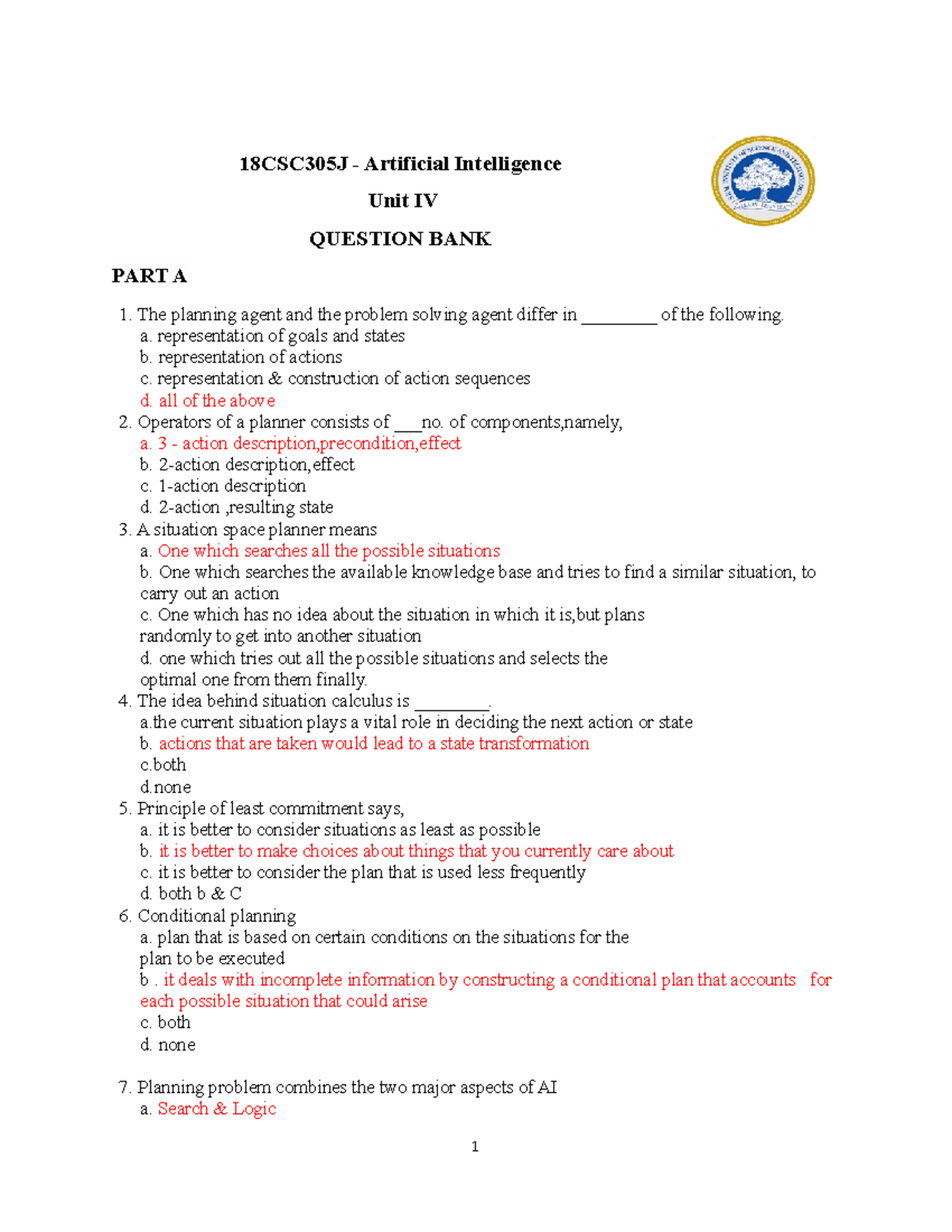 AI UNIT4 QB VDP - Enjoy - 18CSC305J - Artificial Intelligence Unit IV QUESTION BANK PART A The ...