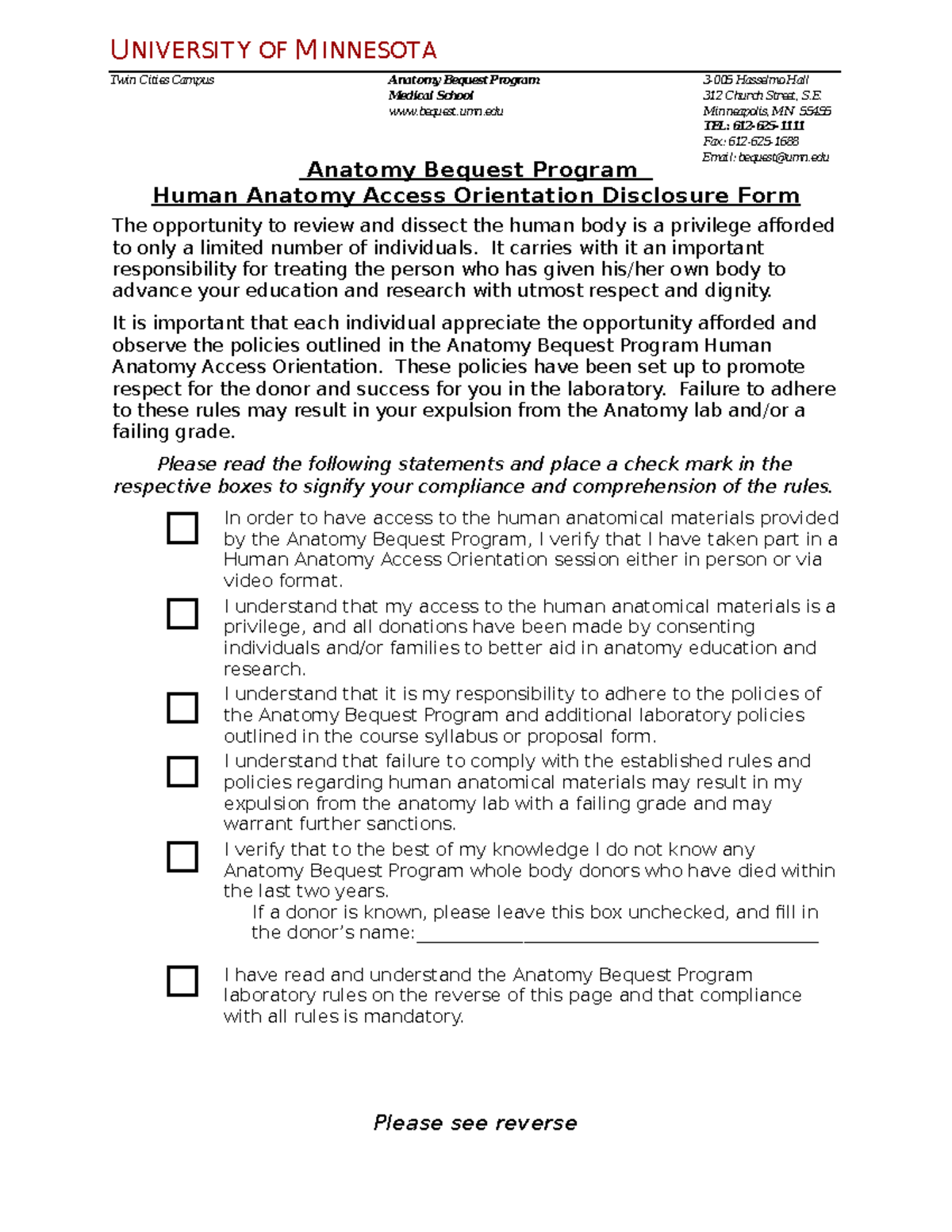 Cadaver Lab Student Agreement - Anatomy Bequest Program Human Anatomy ...