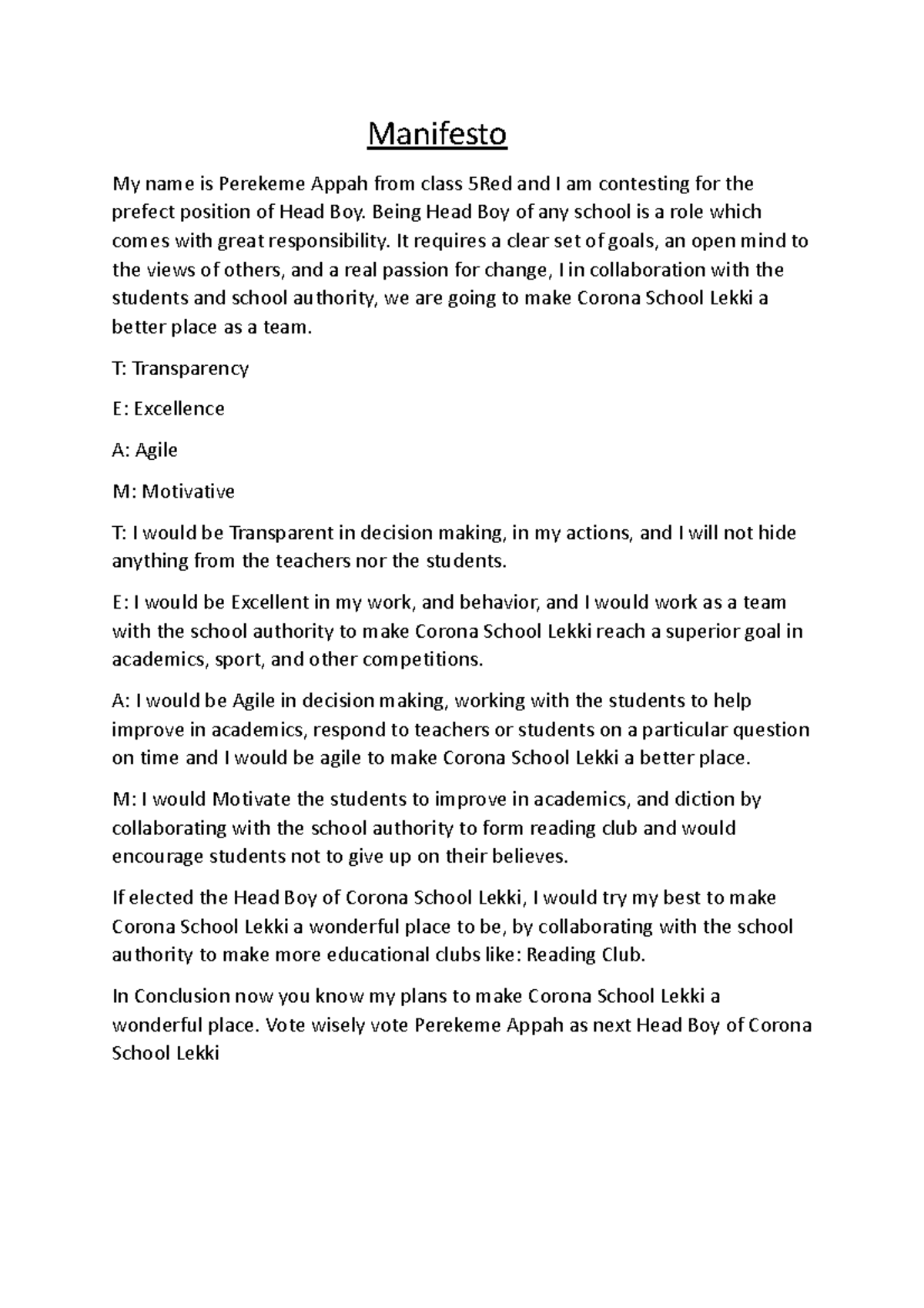 Manifesto - want to learn - Manifesto My name is Perekeme Appah from ...