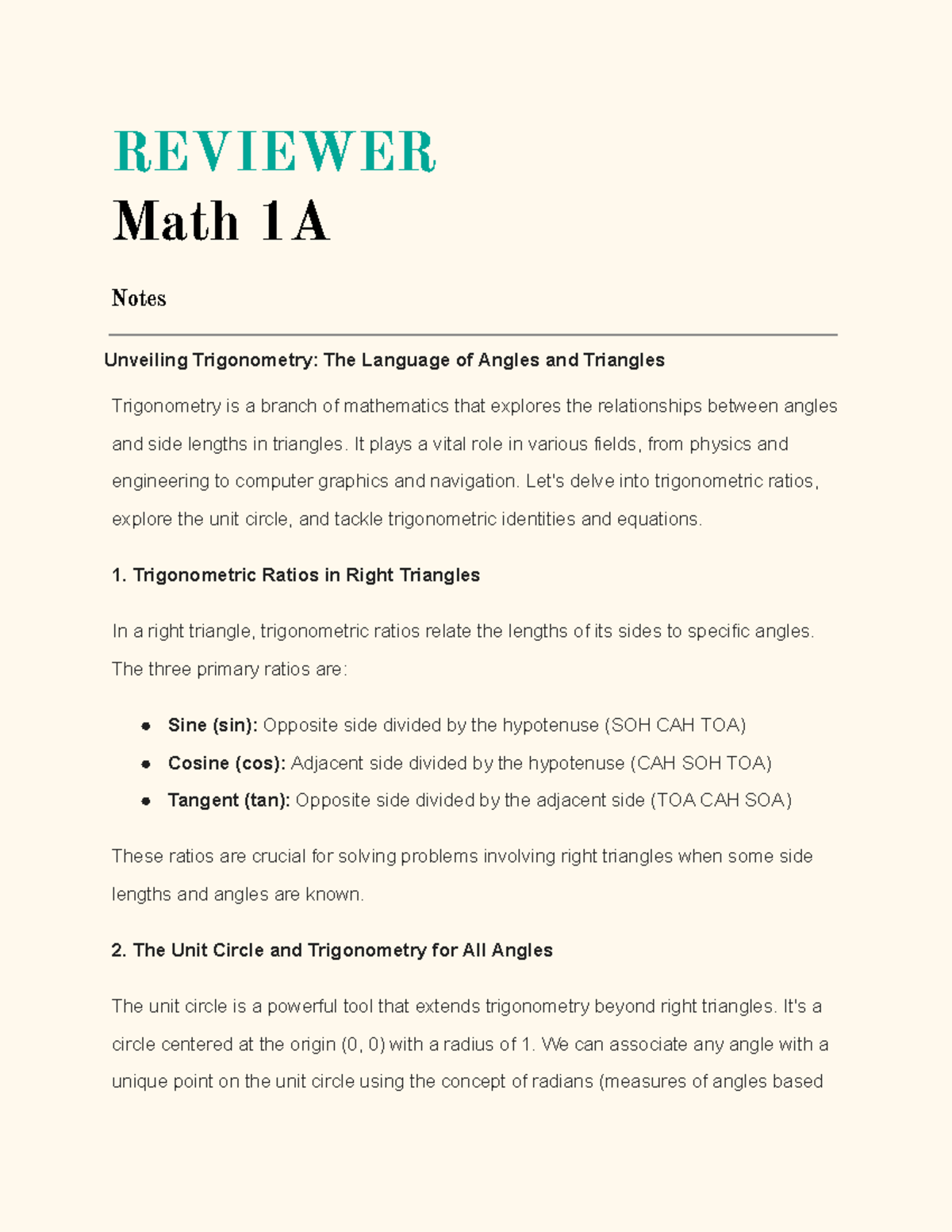MATH 1A Notes (28) - REVIEWER Math 1A Notes Unveiling Trigonometry: The ...