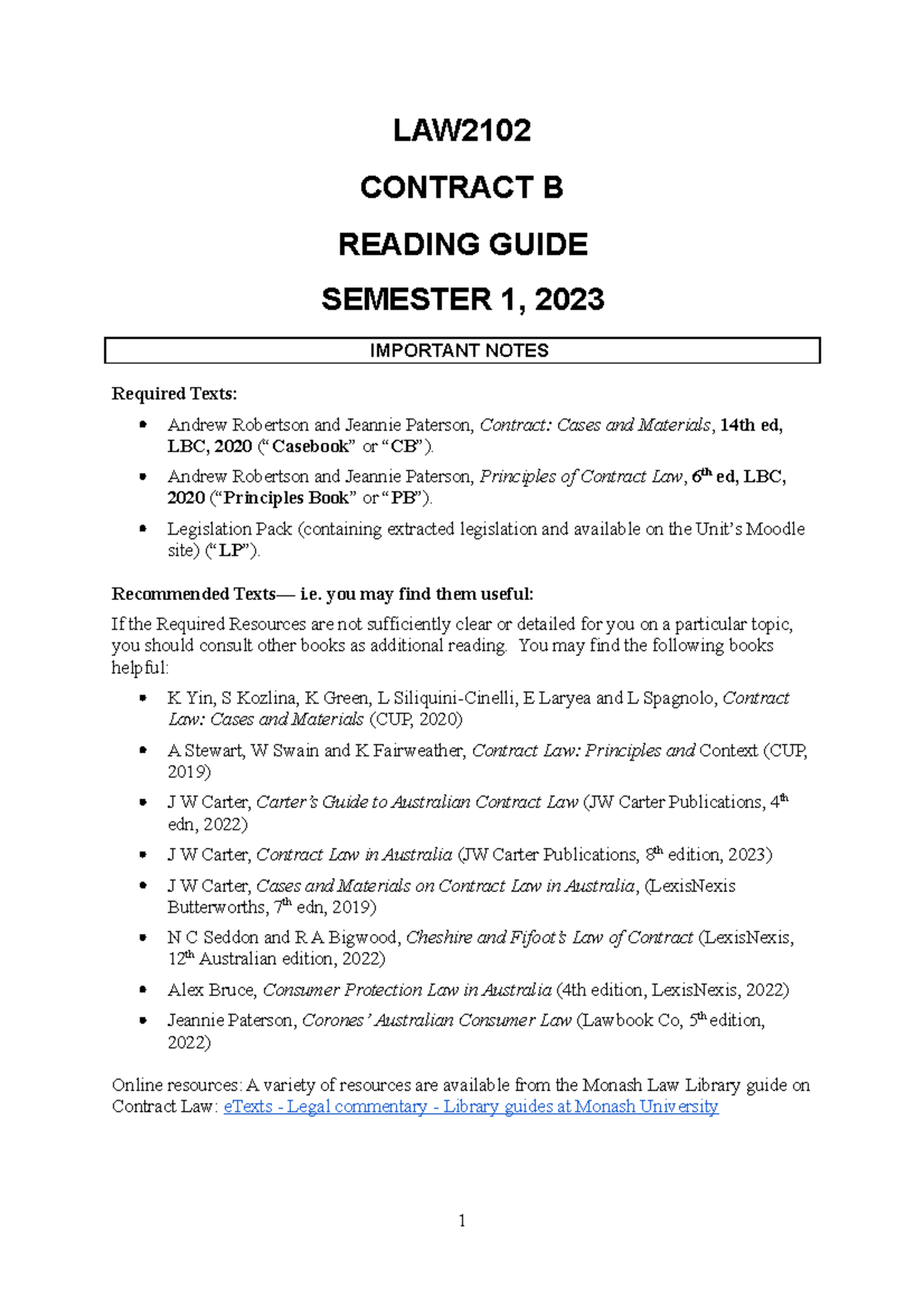 LAW2101 Reading Guide Semester 1 2023 - LAW CONTRACT B READING GUIDE ...