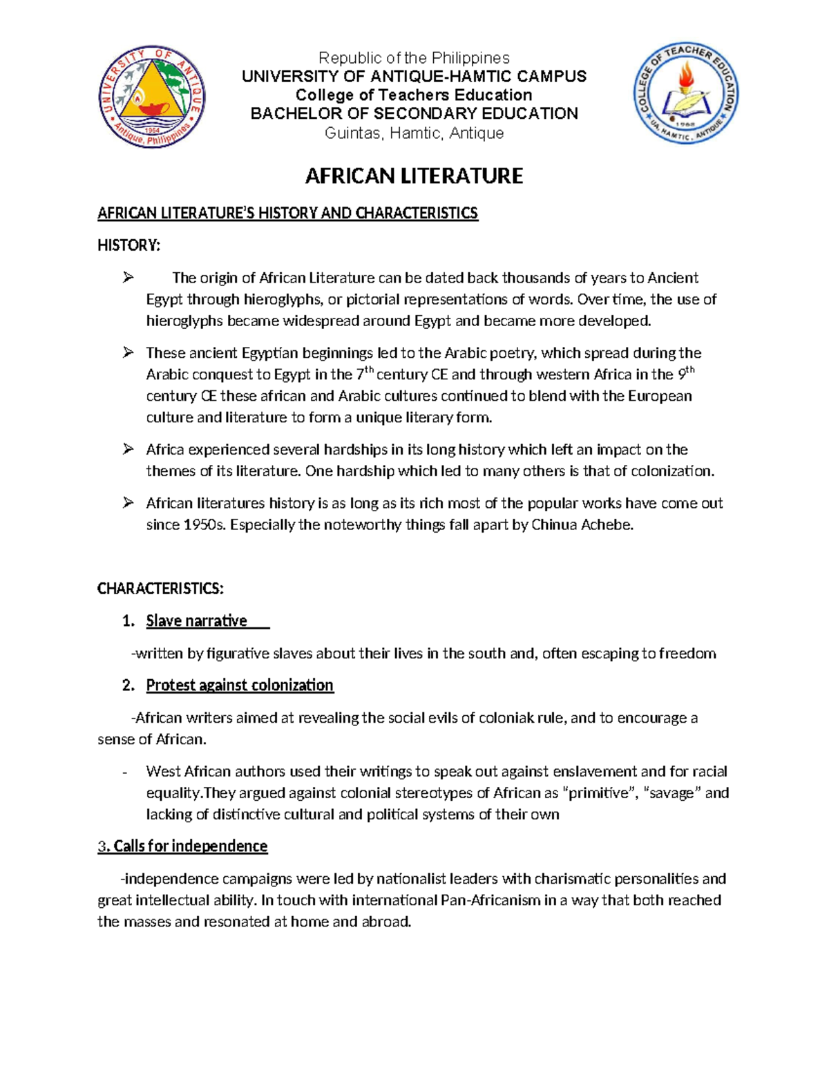 African- Literaturehandout- Group-1 - UNIVERSITY OF ANTIQUE-HAMTIC ...