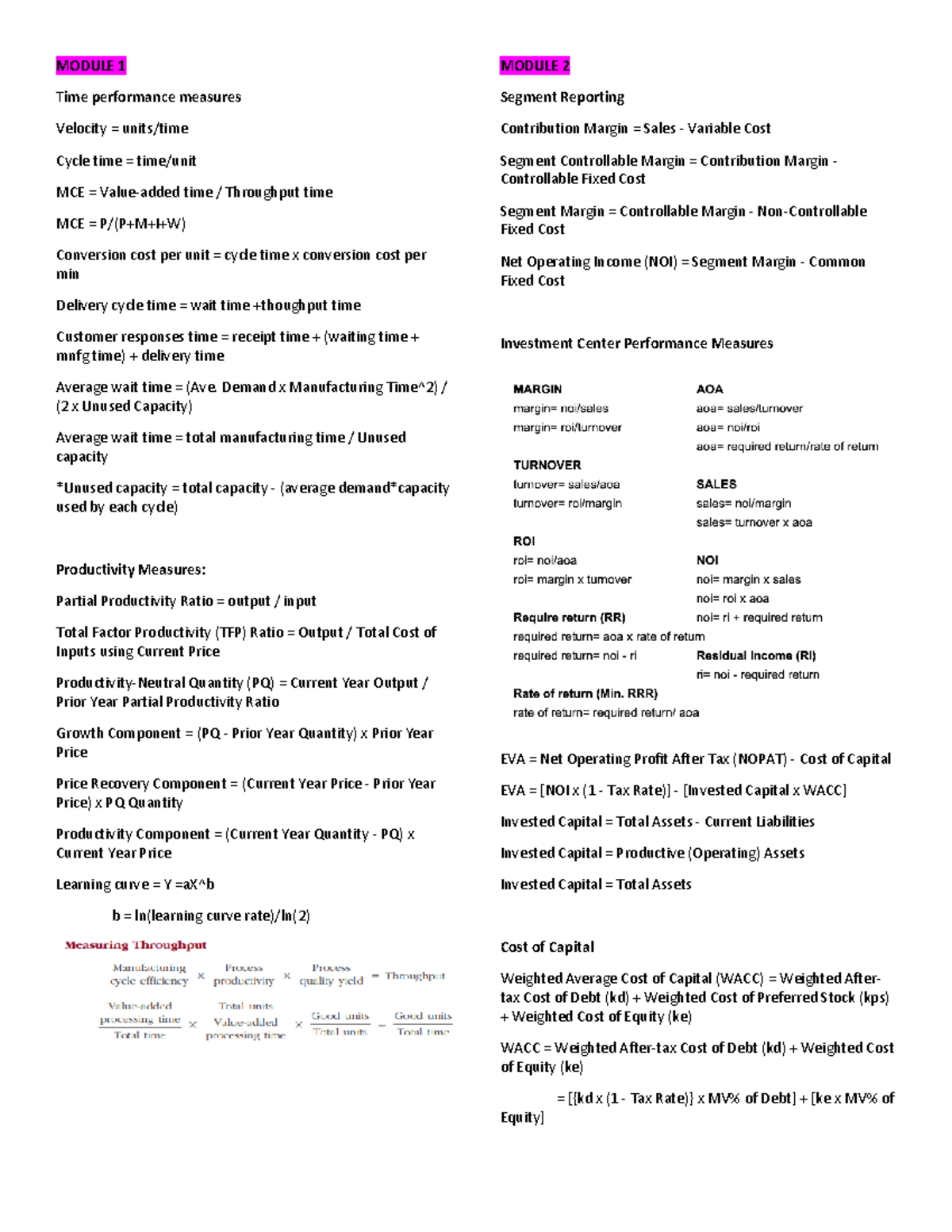 Formulas MOD 1-4 - MODULE 1 Time performance measures Velocity = units ...